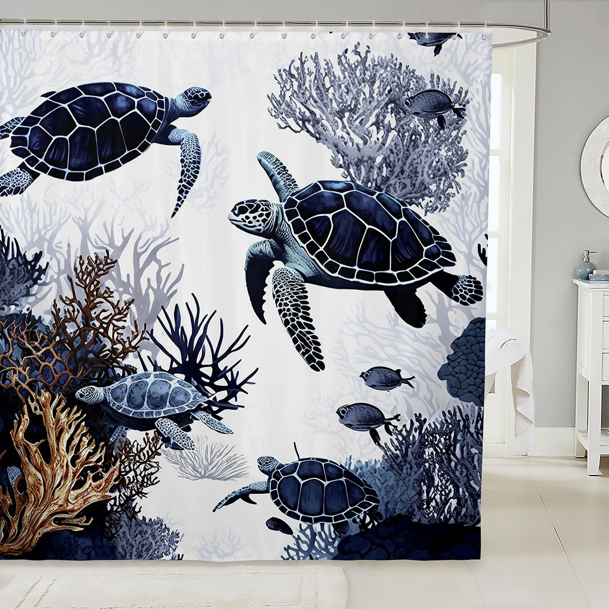 Sea Turtle Fabric Shower Curtain Turtle Print Ocean Themed Shower ...