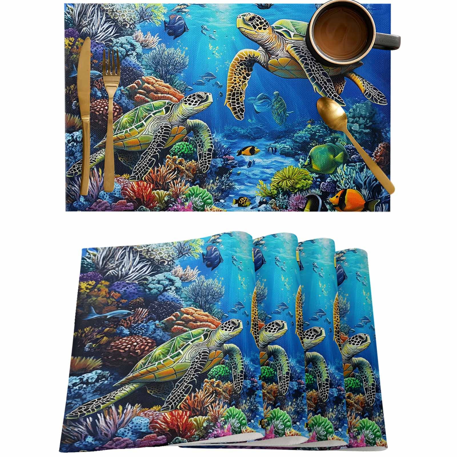 Sea Turtle Fish Coral Placemats Set of 4,Wipeable Washable Table Mats ...