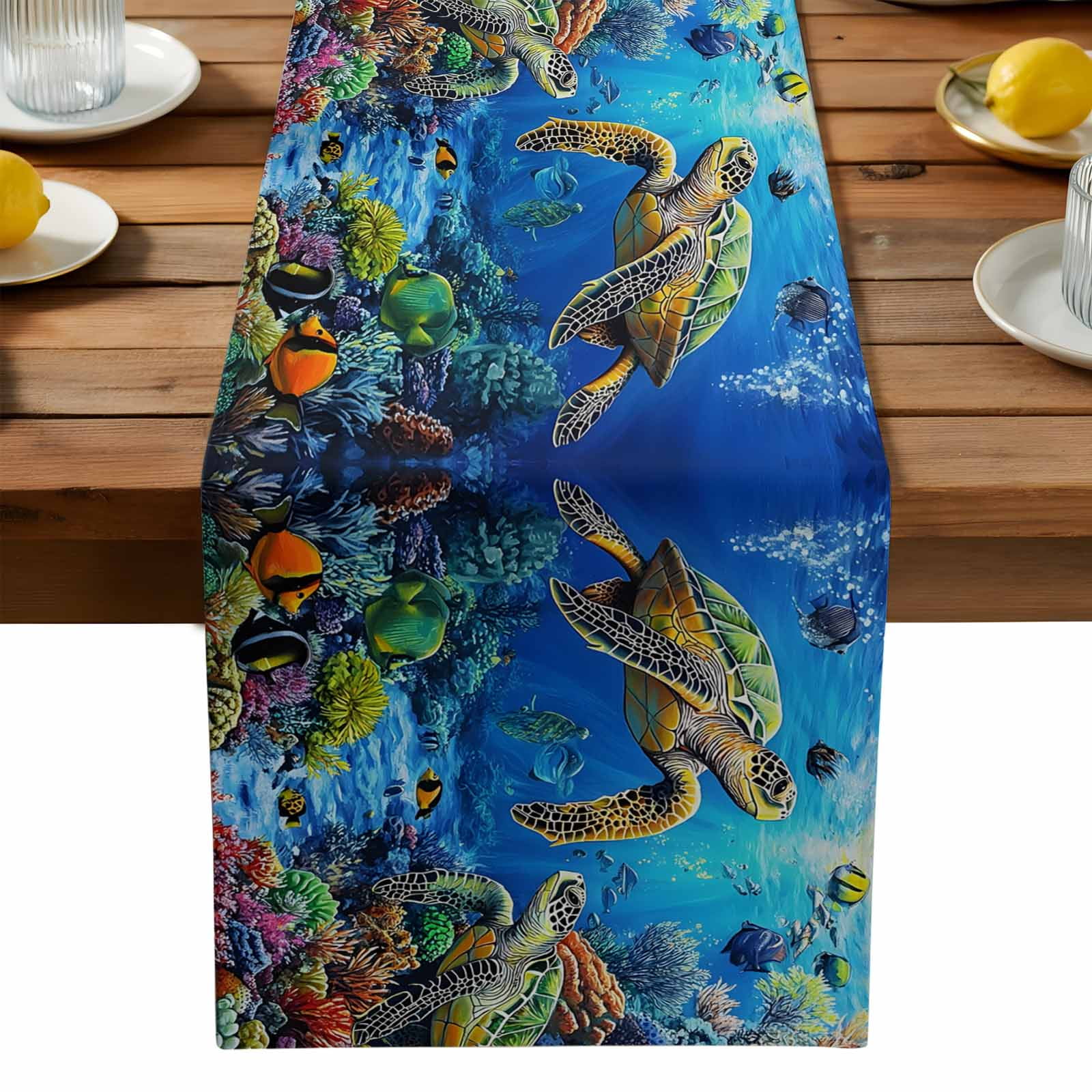 Sea Turtle Fish Coral Table Runners 13x70 Inches Long Linen Burlap ...