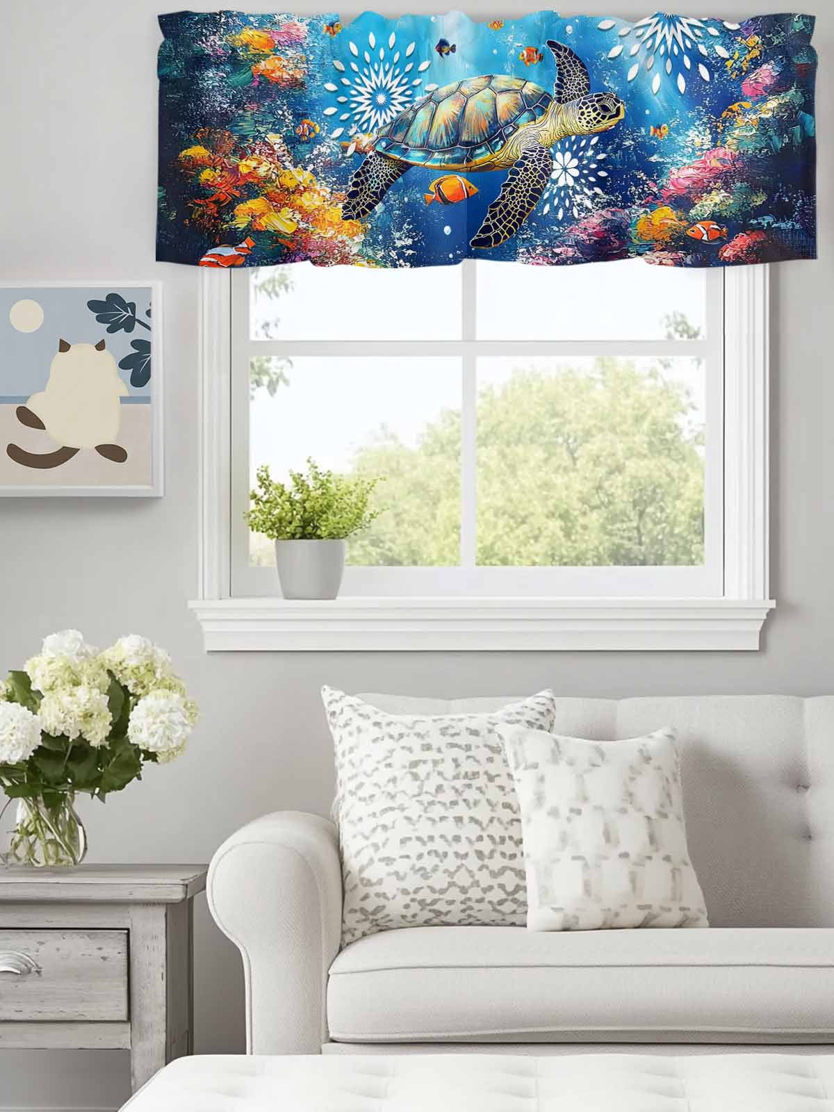 Sea Turtle Fish Coral Valances for Windows,Kitchen Valance Rod Pocket ...