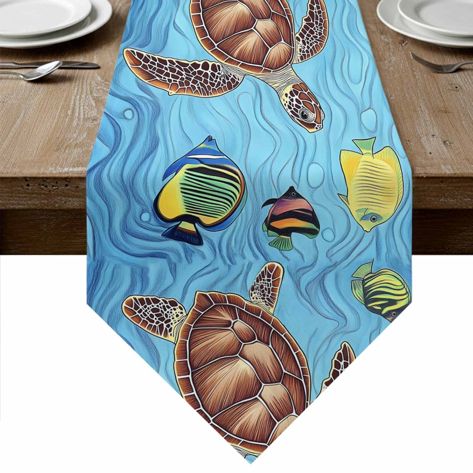 Sea Turtle Fish Table Runner Linen Burlap Table Runner 72 Inches Long ...