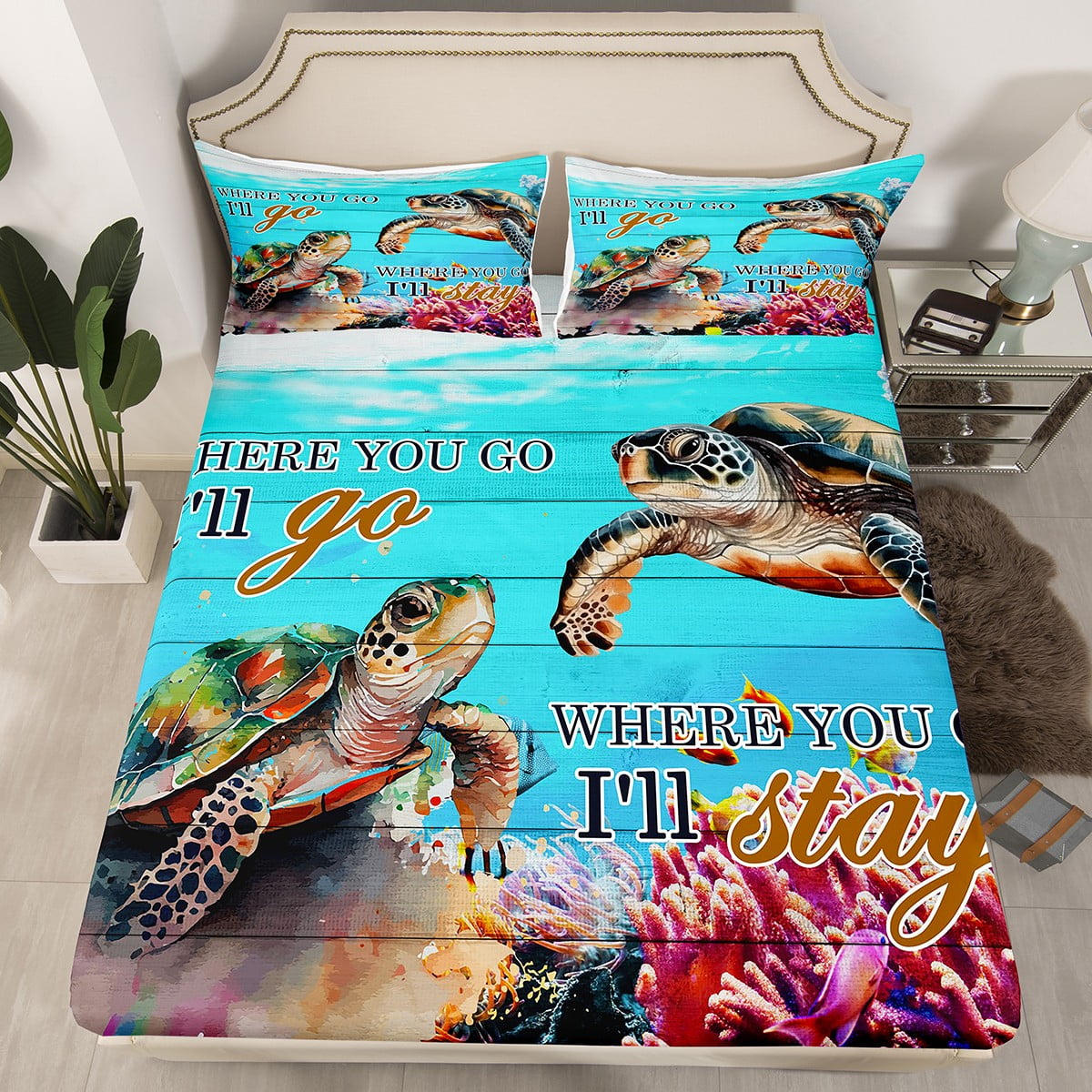 Sea Turtle Fitted Sheet, Beach Tortoise Bed Sheets Full Size Rustic ...
