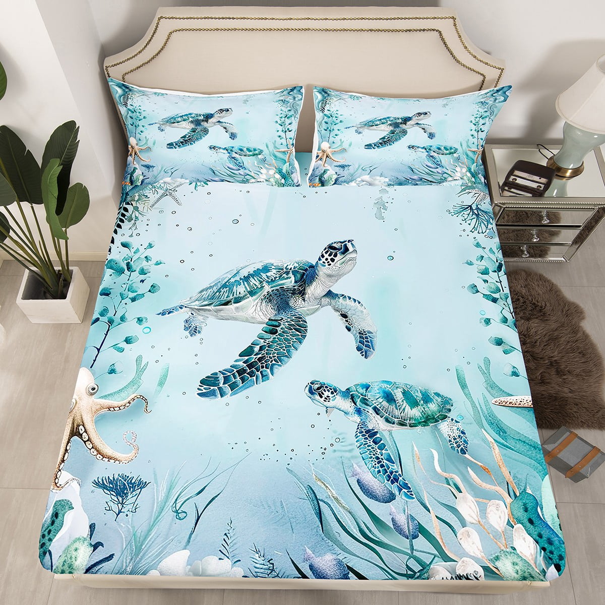 Sea Turtle Fitted Sheet Teal Blue Ocean Beach Coastal Bed Sheets Full ...