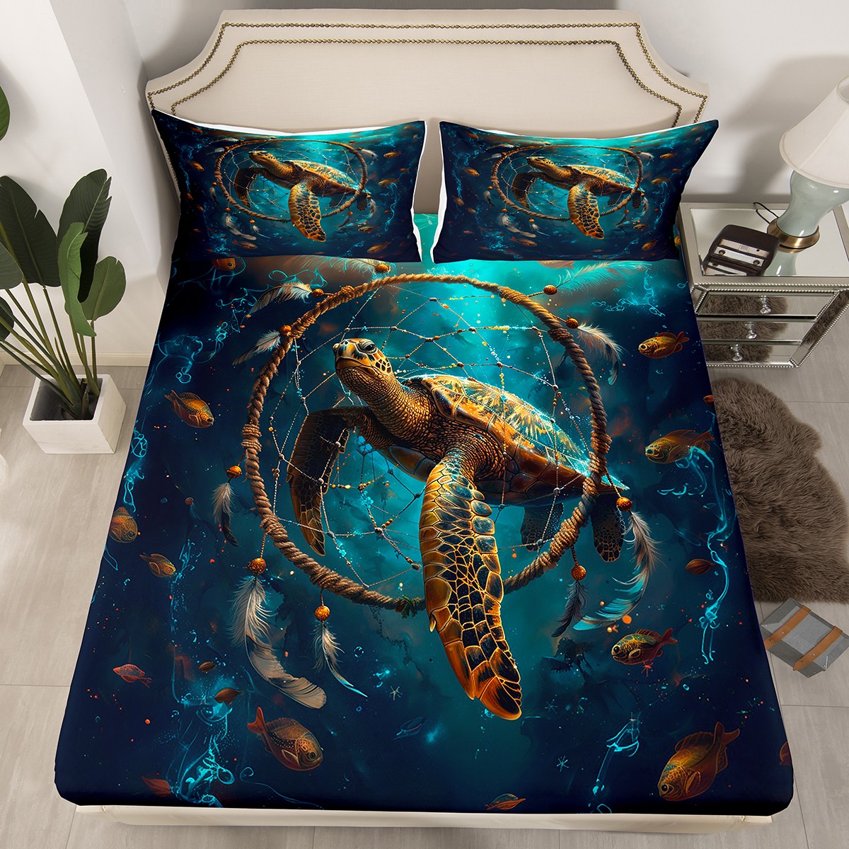 Sea Turtle Fitted Sheet Dreamcatcher Bed Sheets Twin,Boho Feather ...