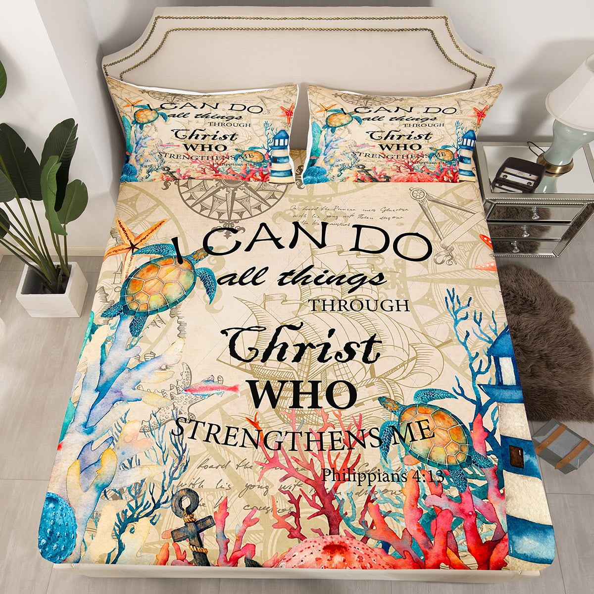 Sea Turtle Fitted Sheet Nautical Lighthouse Bed Sheets Full,Ocean Fish ...