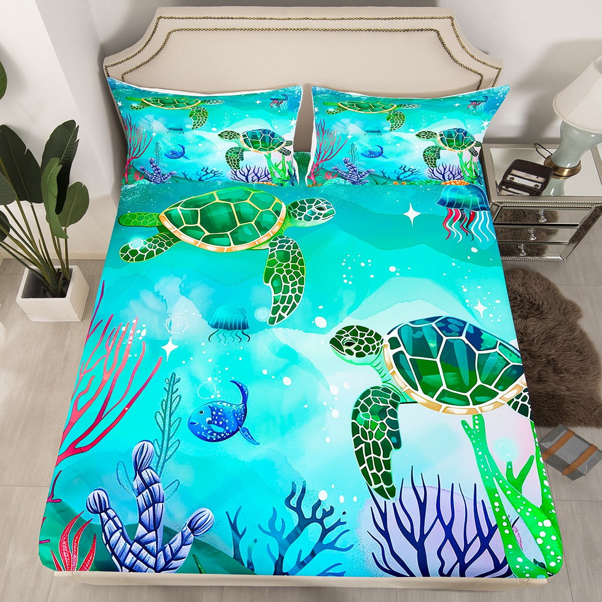Sea Turtle Fitted Sheet Nautical Sea Animal Bed Sheets Full,Coastal ...