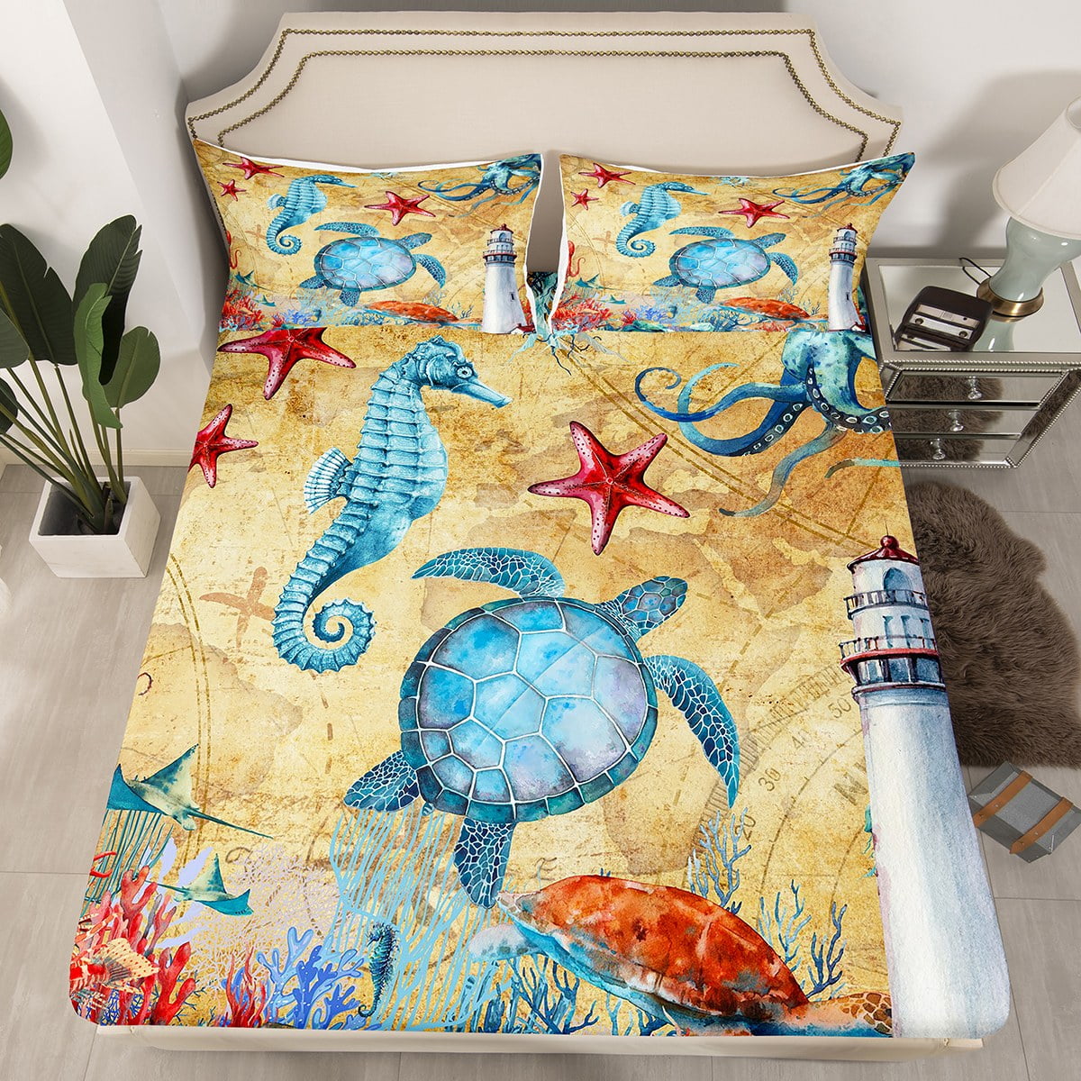 Sea Turtle Fitted Sheet Seahorse Octopus Tentacles Full Bed Sheets for ...