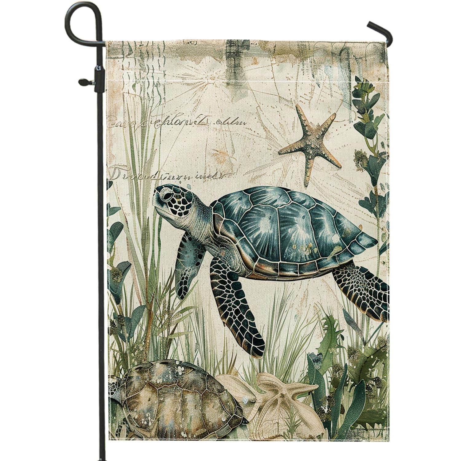 Sea Turtle Garden Flag Vintage Coastal Ocean Seaworld Seaweed Seashell ...