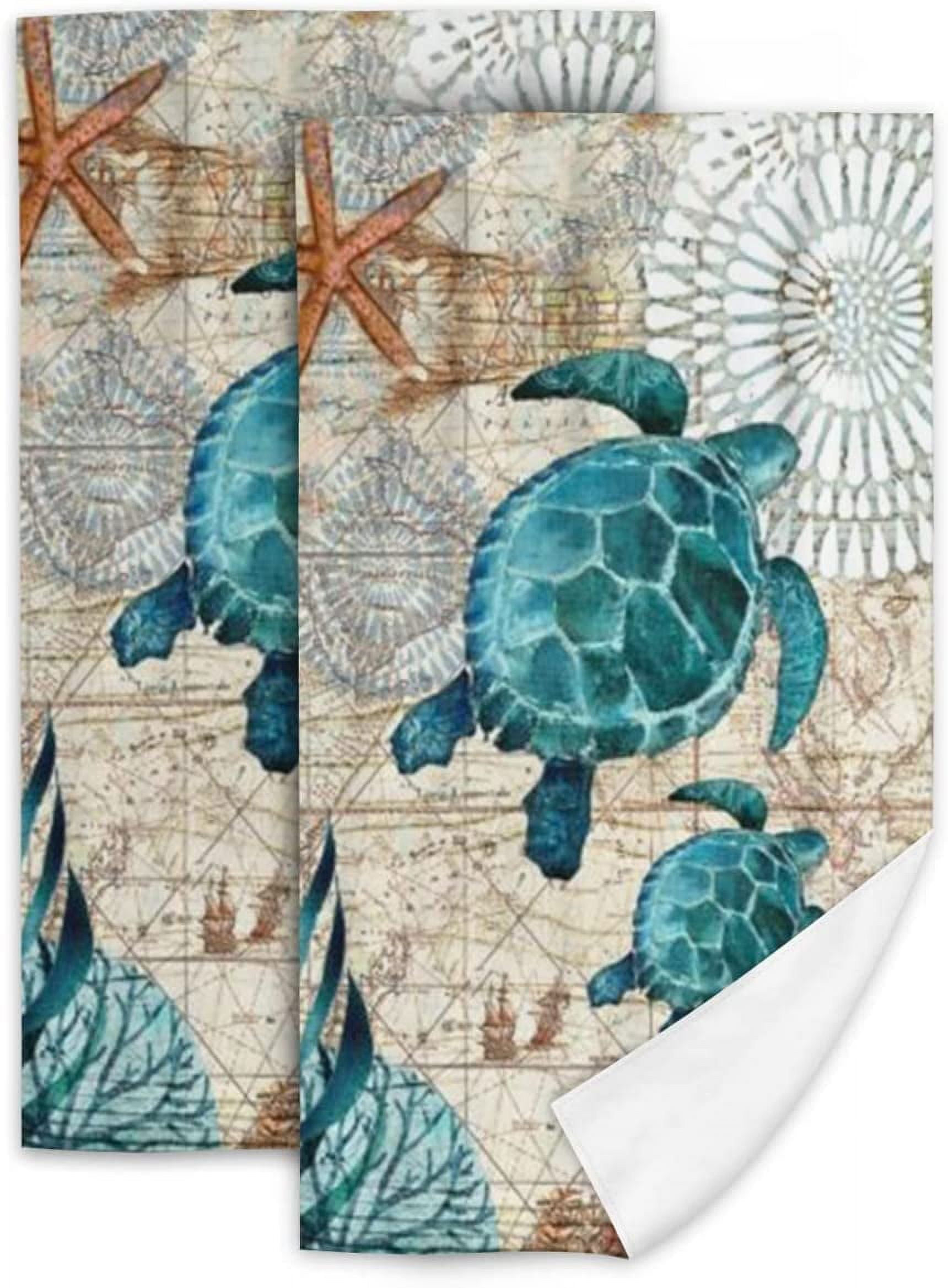 Sea Turtle Hand Towel Set of 2 for Bathroom Kitchen Absorbent Soft Home ...