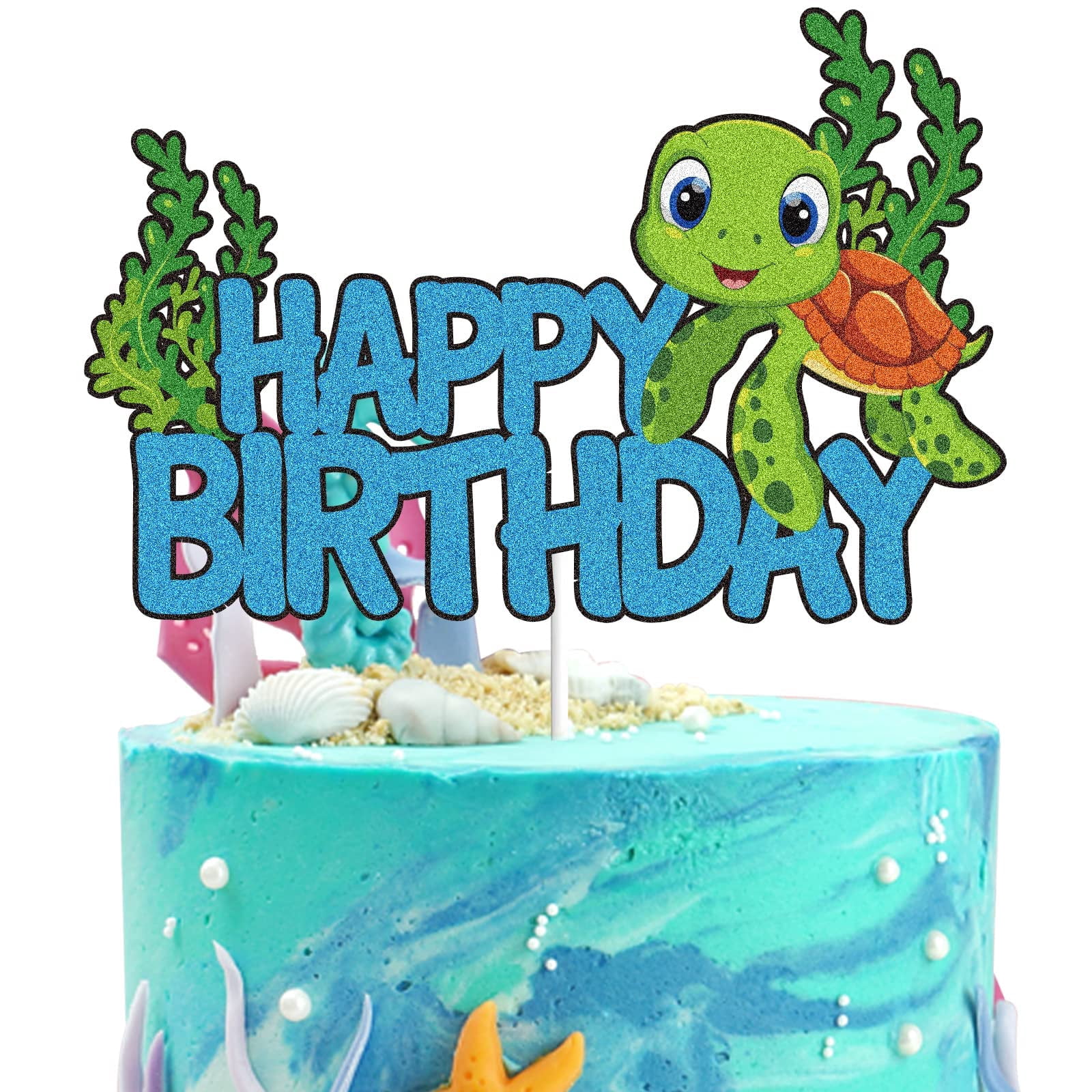 Sea Turtle Happy Birthday Cake Topper FSH1 Blue Green Glitter Turtle ...
