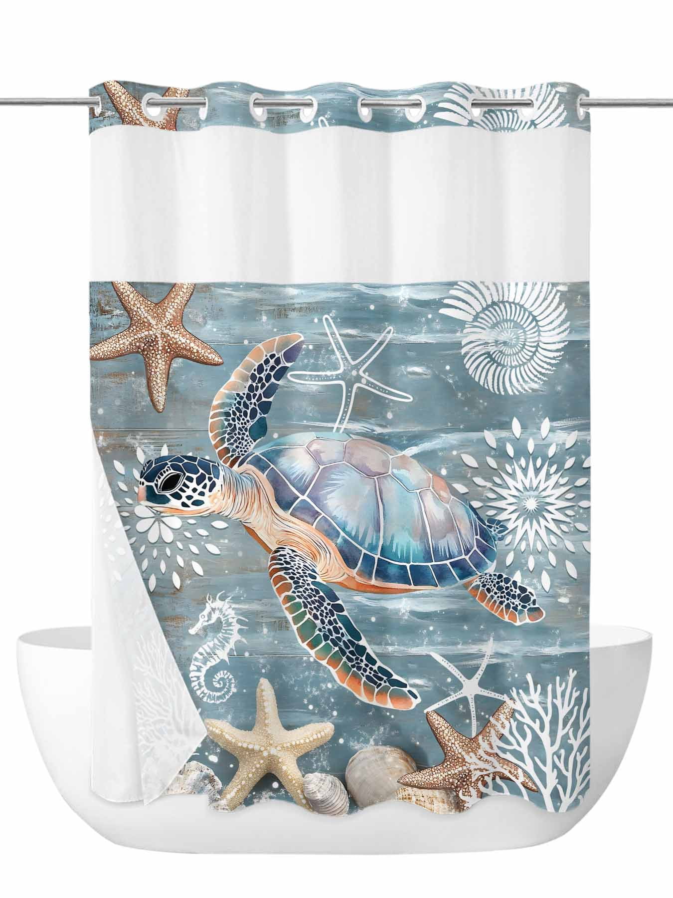 Sea Turtle No Hook Shower Curtain and Liner Set Coral Starfish Coral ...