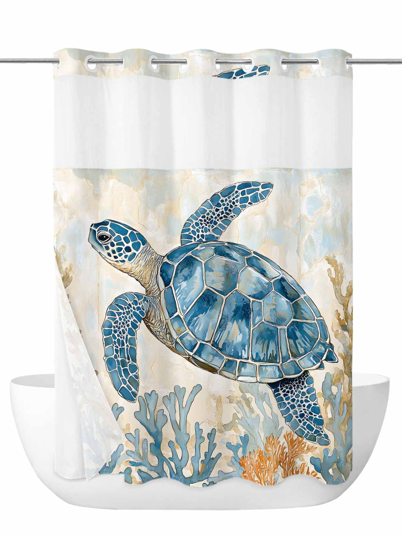 Sea Turtle No Hook Shower Curtain and Liner Set Marine Animal Blue ...