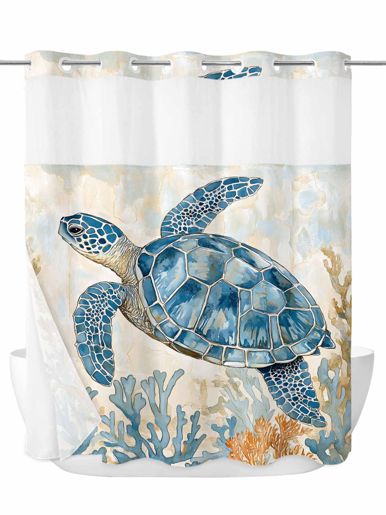 Sea Turtle No Hook Shower Curtain and Liner Set Marine Animal Blue ...