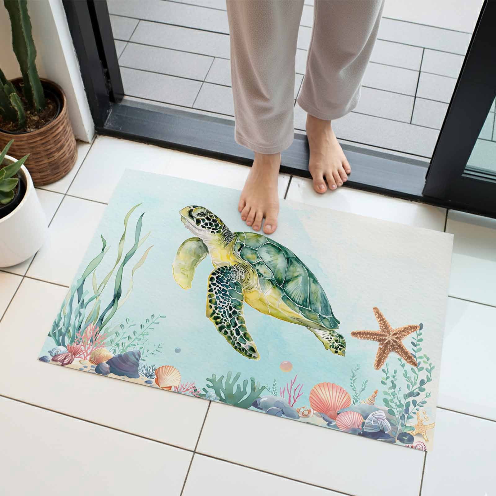 Sea Turtle Indoor Door Mat 20x31.5 Inch Teal Green Starfish Shell ...