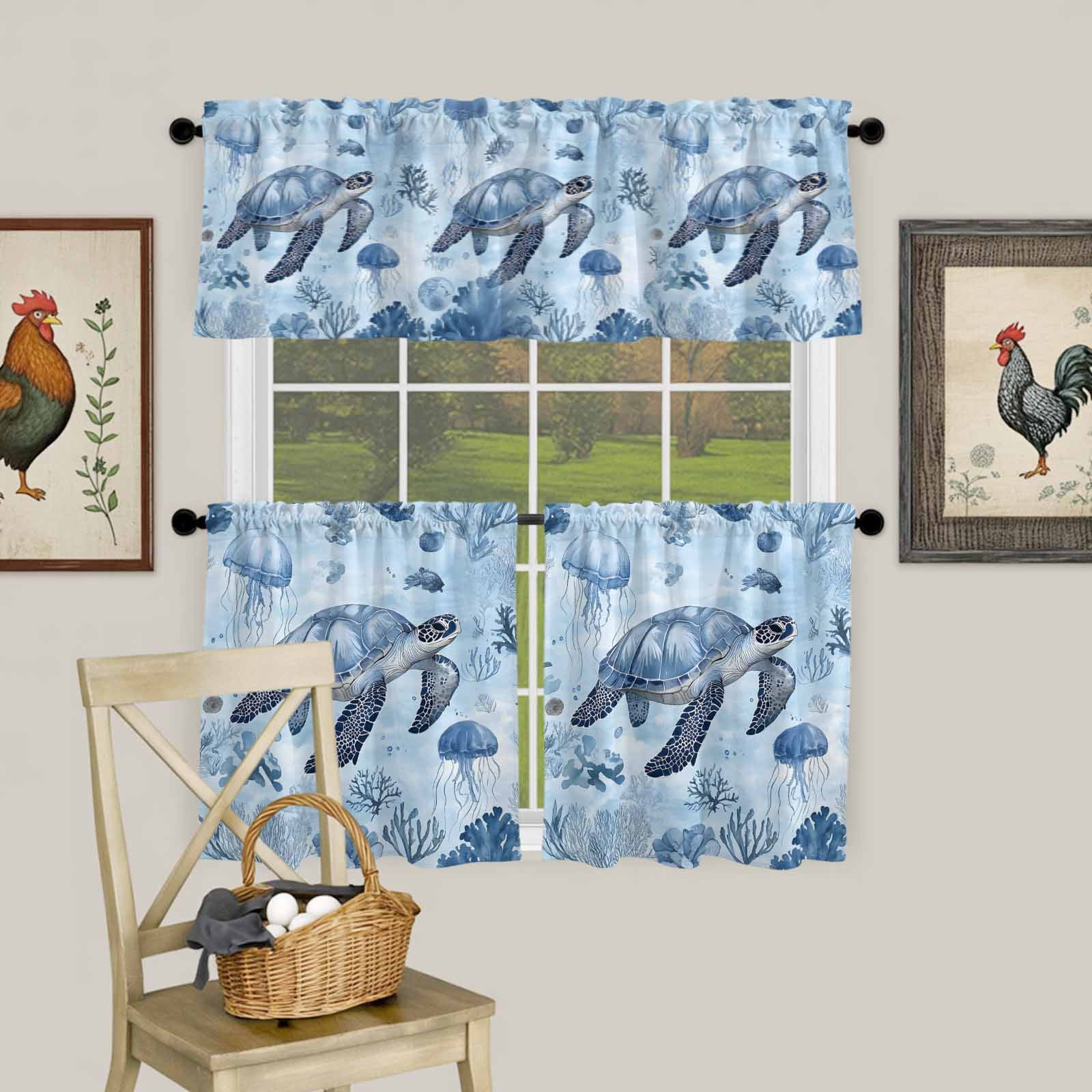 Sea Turtle Jellyfish Blue Ocean Curtain Tier and Valance Set 3 Piece ...