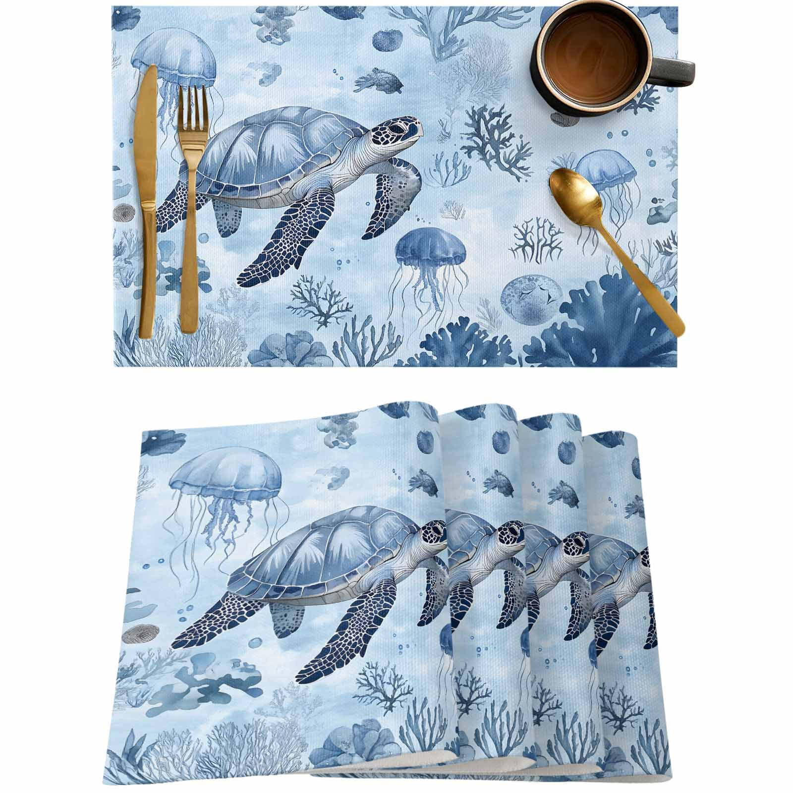 Sea Turtle Jellyfish Blue Ocean Placemats Set of 4,Wipeable Washable ...