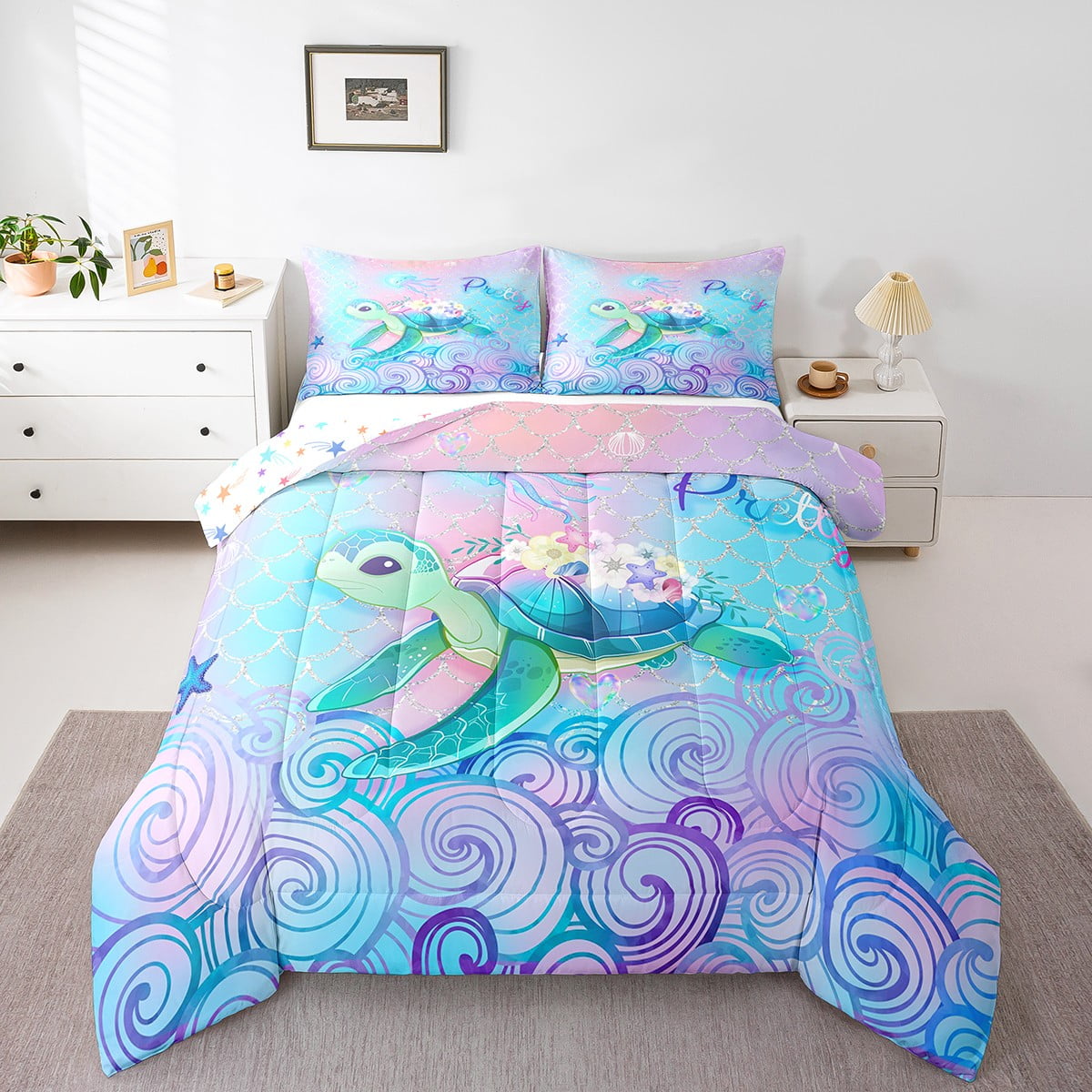 Sea Turtle Jellyfish Twin Bedding Set,Teal Purple Mermaid Tail Scale ...