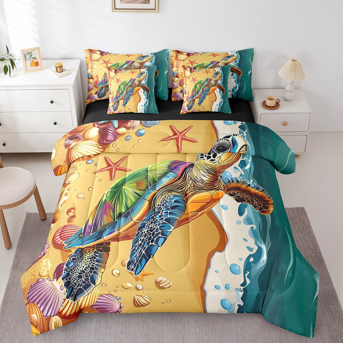 Sea Turtle King Bed In A Bag 7 Piece Ocean Tortoise Comforter Set With ...