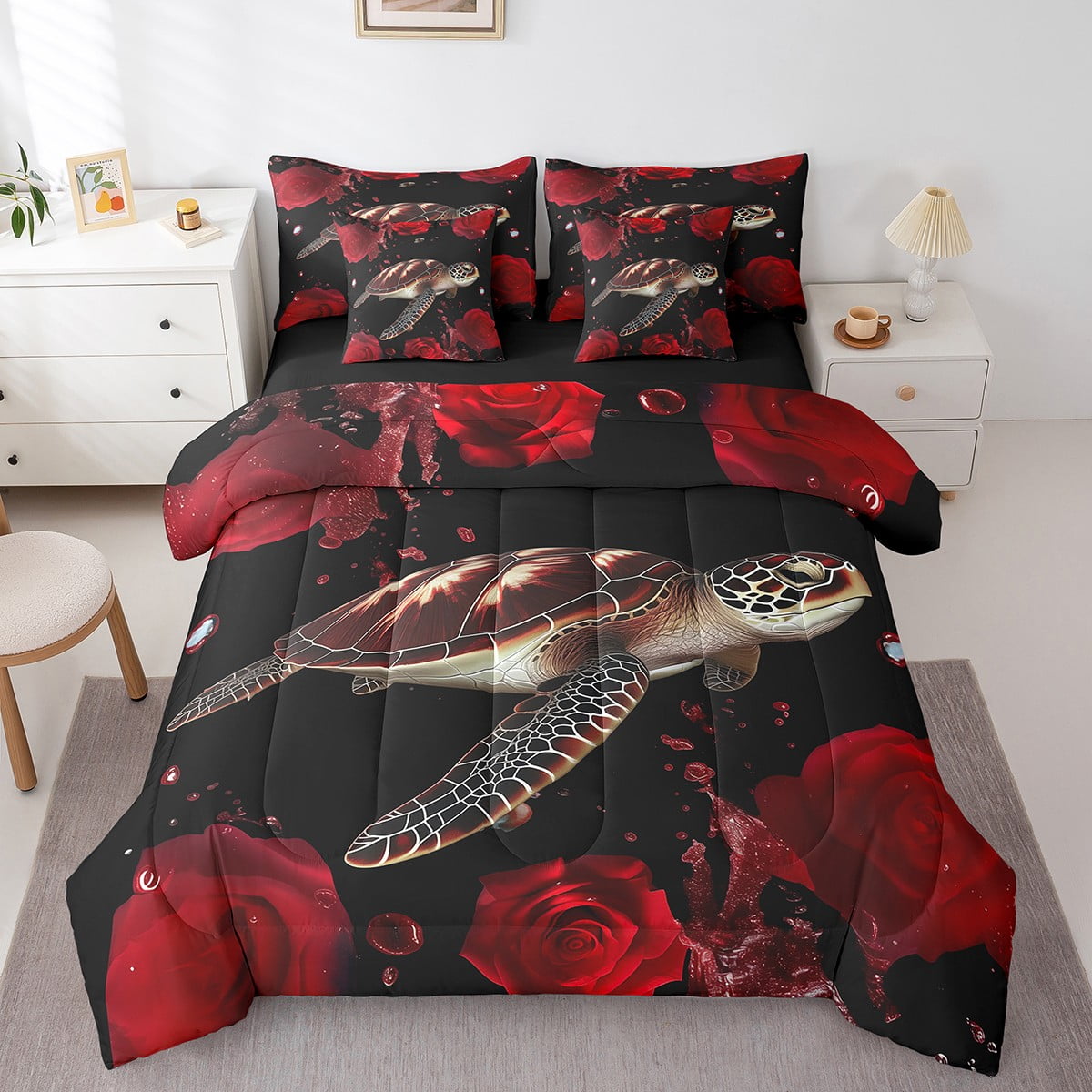 Sea Turtle King Comforter Set,Red Rose 7 Pieces Bed in a Bag,Romantic ...