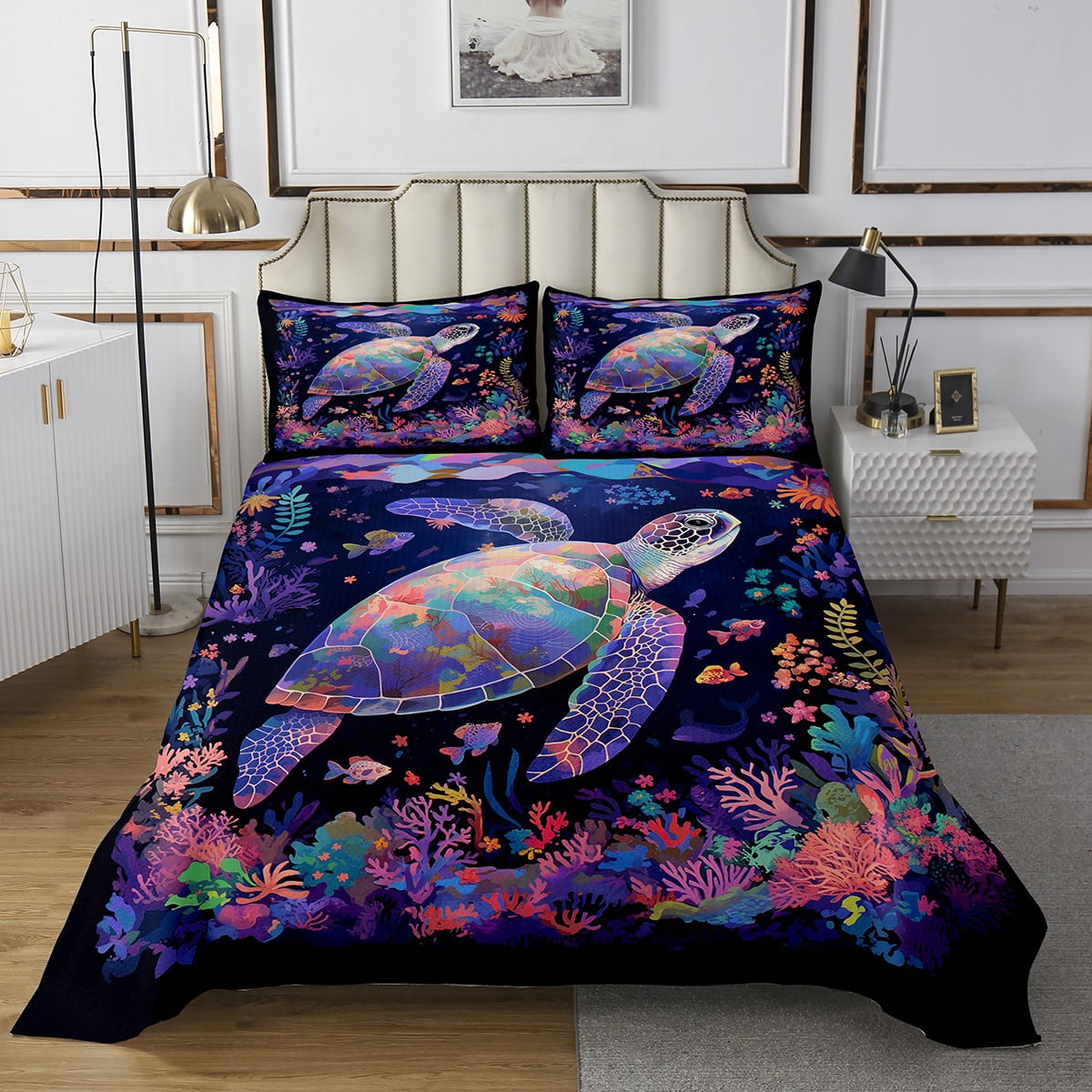 Sea Turtle King Quilt Set,Colorful Coral Fish Turtle Bedding Set ...