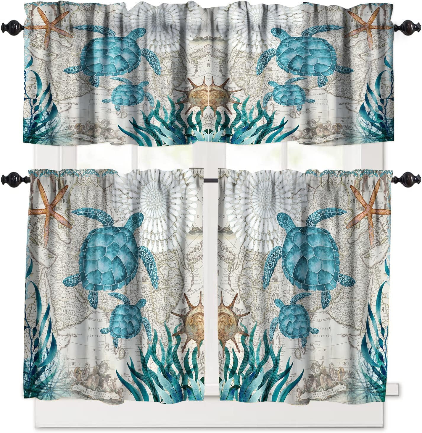 Sea Turtle Kitchen Curtain Tiers and Valance Curtain Sets Ocean Animal ...