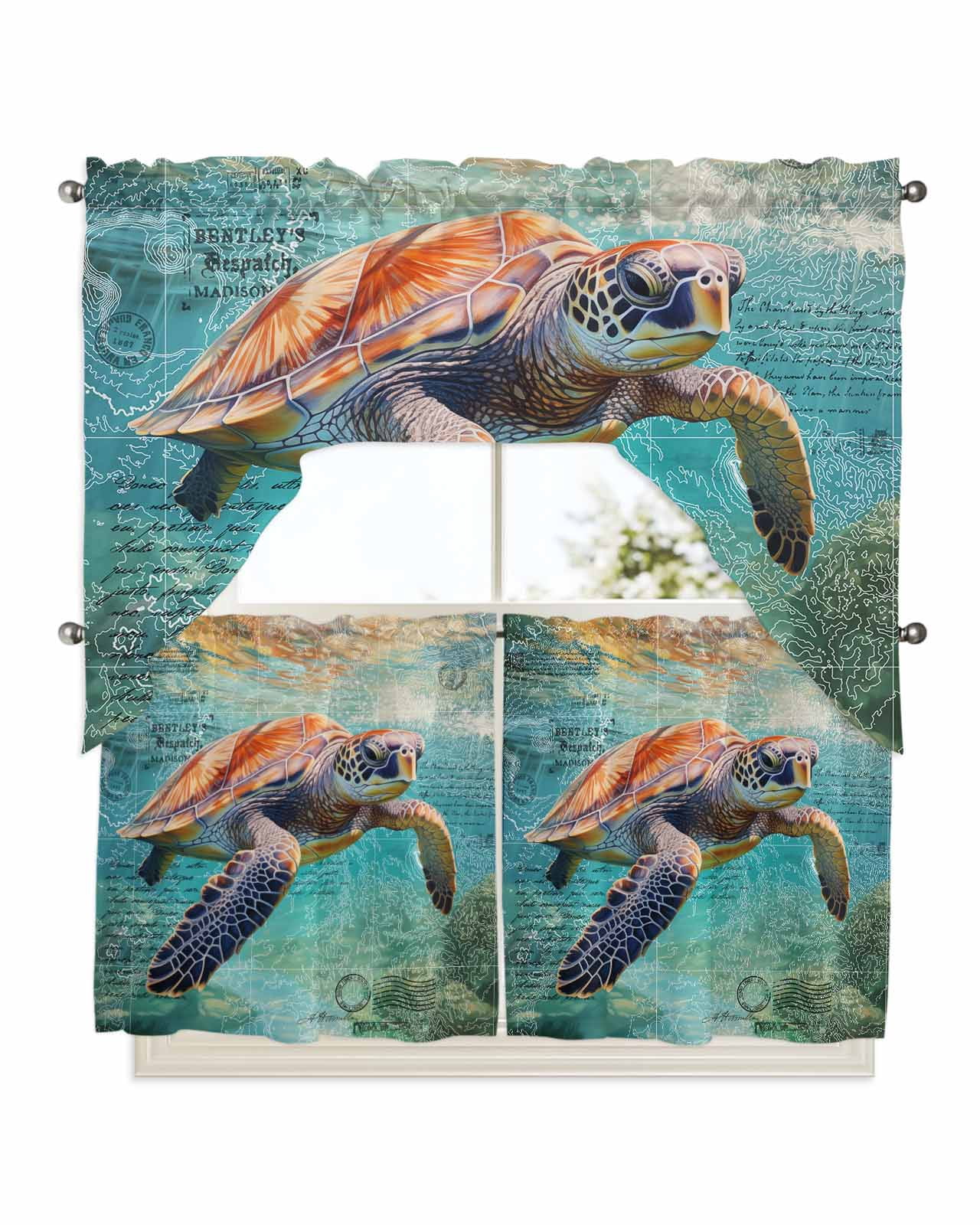 Sea Turtle Kitchen Curtains Swag Valance and Tier Curtains Set 24 Inch ...