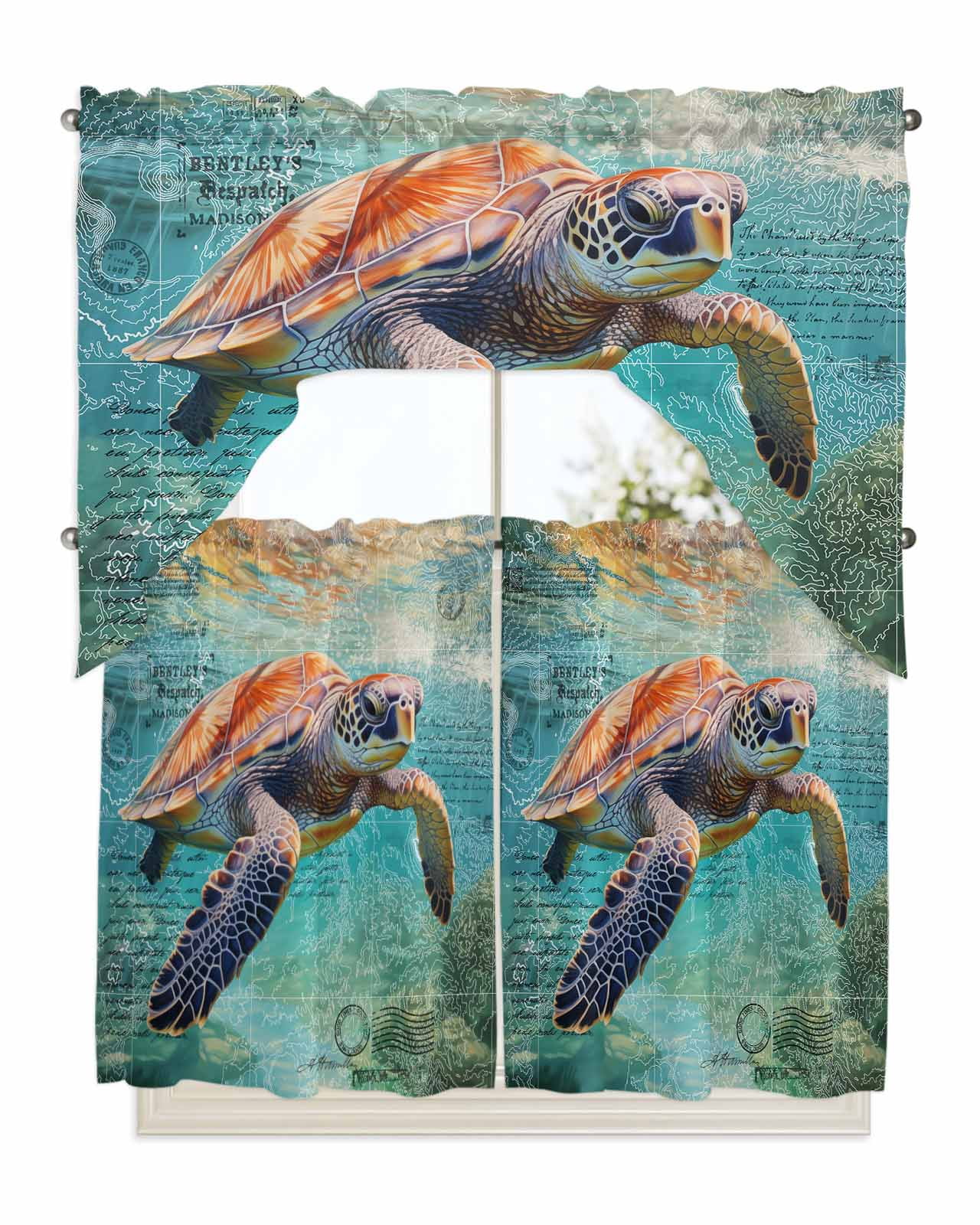 Sea Turtle Kitchen Curtains Swag Valance and Tier Curtains Set 36 Inch ...