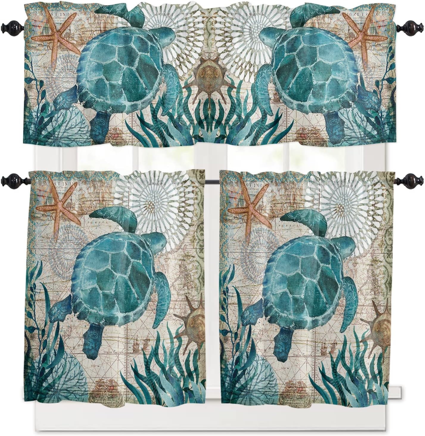 Sea Turtle Kitchen Curtains and Valance Set, Hawaiian Ocean Animal Teal ...