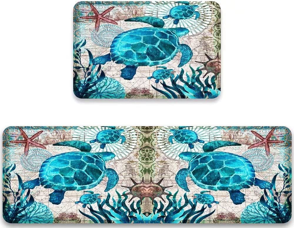 Sea Turtle Kitchen Rug Set 2 Pieces Blue Turtles Beach Ocean Life Teal ...