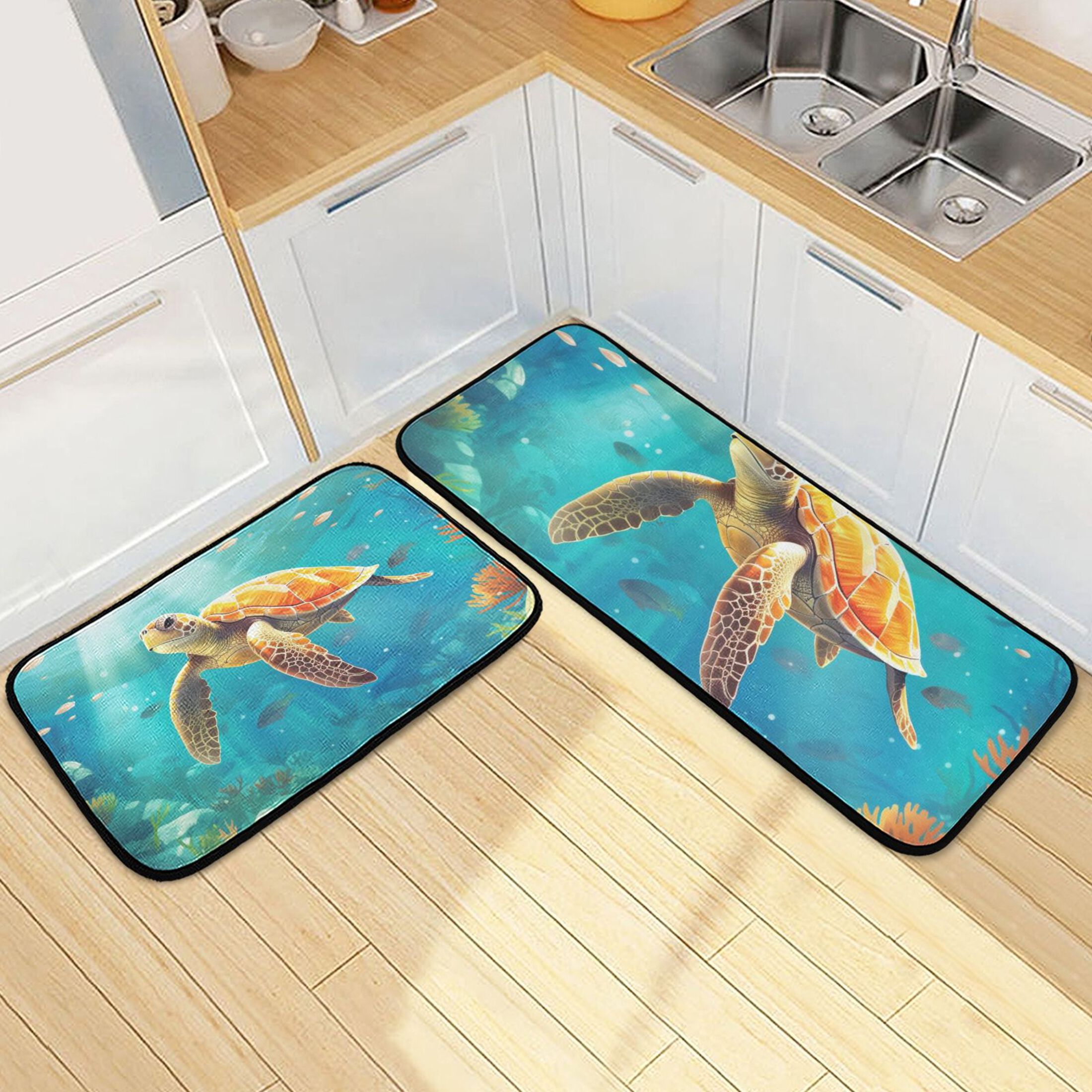 Sea Turtle Kitchen Rugs Set of 2 Non Slip Floor Foam Mat Cushioned Soft ...