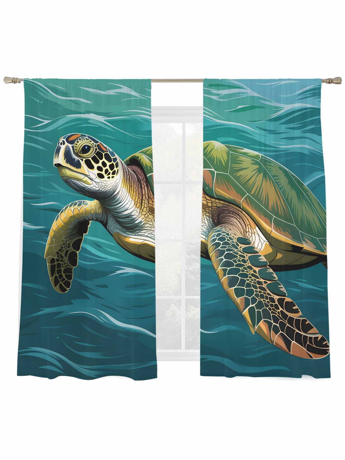 Sea Turtle Marine Life Sheer Curtains 72 Inch Long 2 Panels, Teal Blue ...
