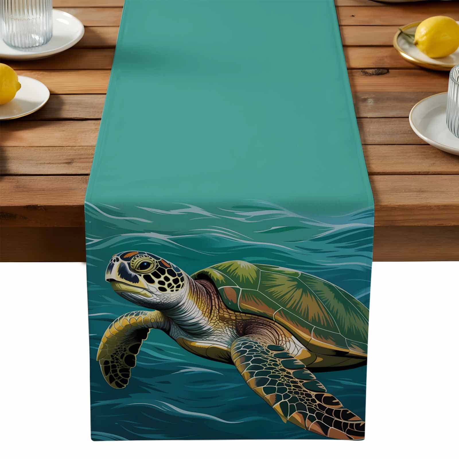 Sea Turtle Marine Life Table Runner, Teal Blue Ocean Seawater Kitchen ...