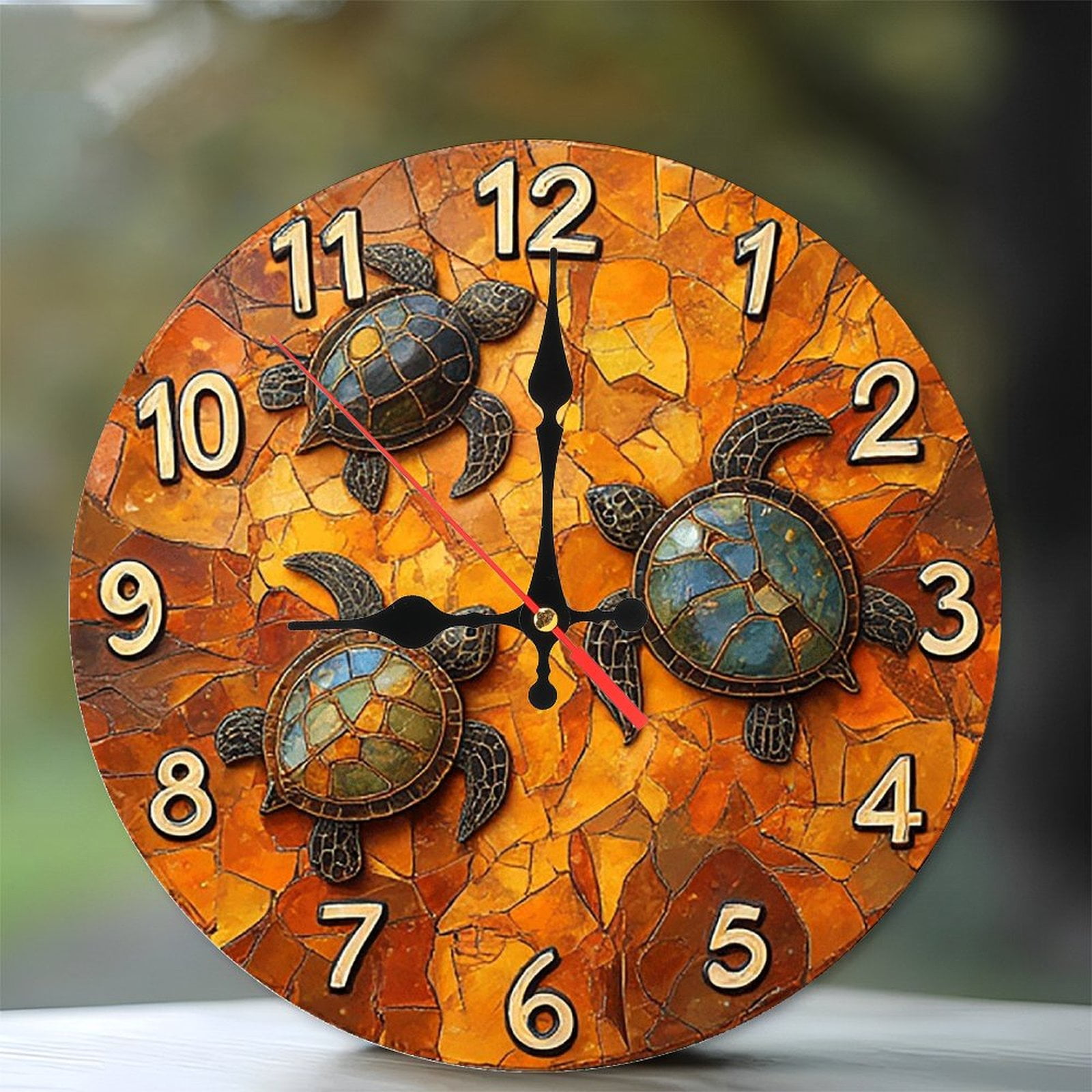 Sea Turtle Mosaic Wall Clock Orange Decor 10-Inch Silent Wooden Wall Clock, Battery Operated (AA ...