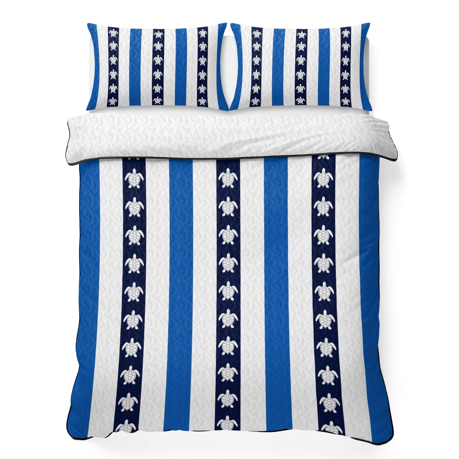 Sea Turtle Navy Blue Stripes 3 Pieces Quilt Set,1 Quilt with 2 Shams ...