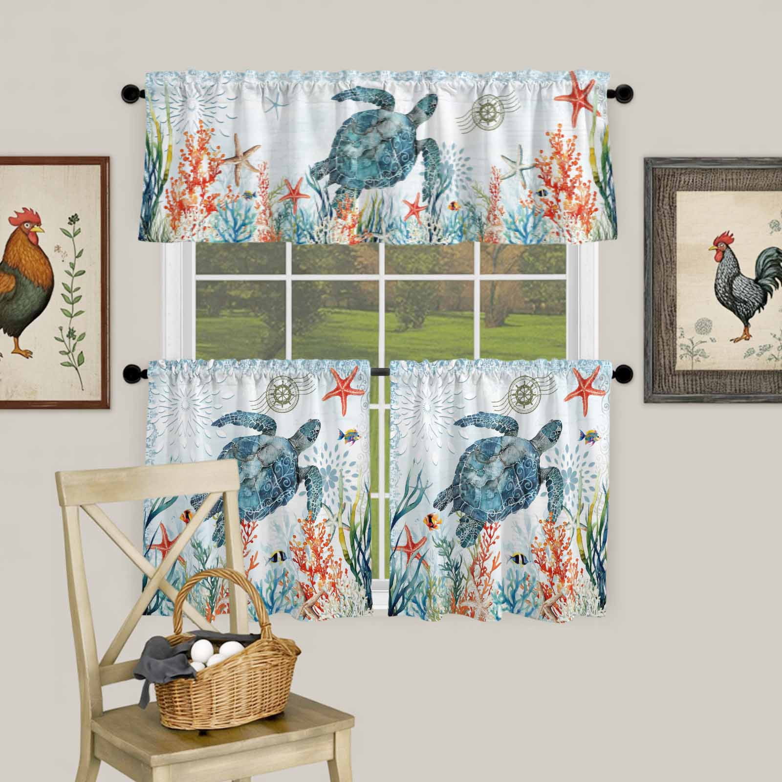 Sea Turtle Ocean Coral Starfish Curtain Tier and Valance Set 3 Piece ...