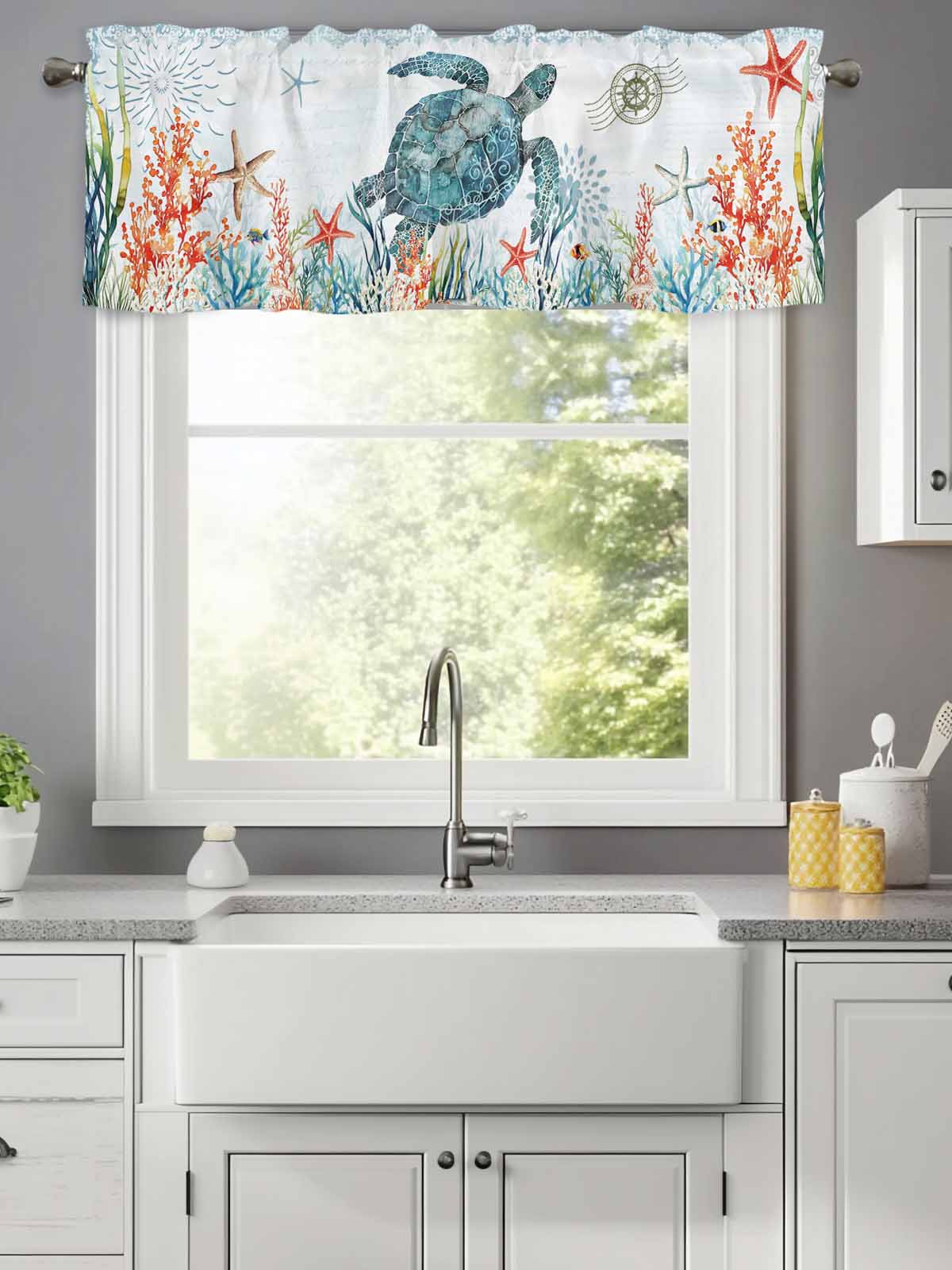 Sea Turtle Ocean Coral Starfish Valances for Windows,Rod Pocket Valance ...