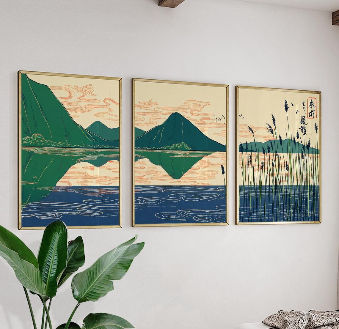 Sea Turtle Ocean Japanese Style Green Wave Coastal Decor Art Set 3 ...