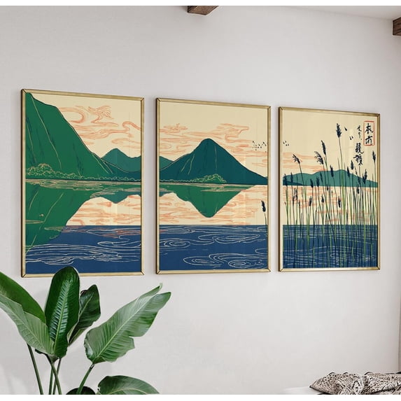Sea Turtle Ocean Japanese Style Green Wave Coastal Decor Art Set 3 ...