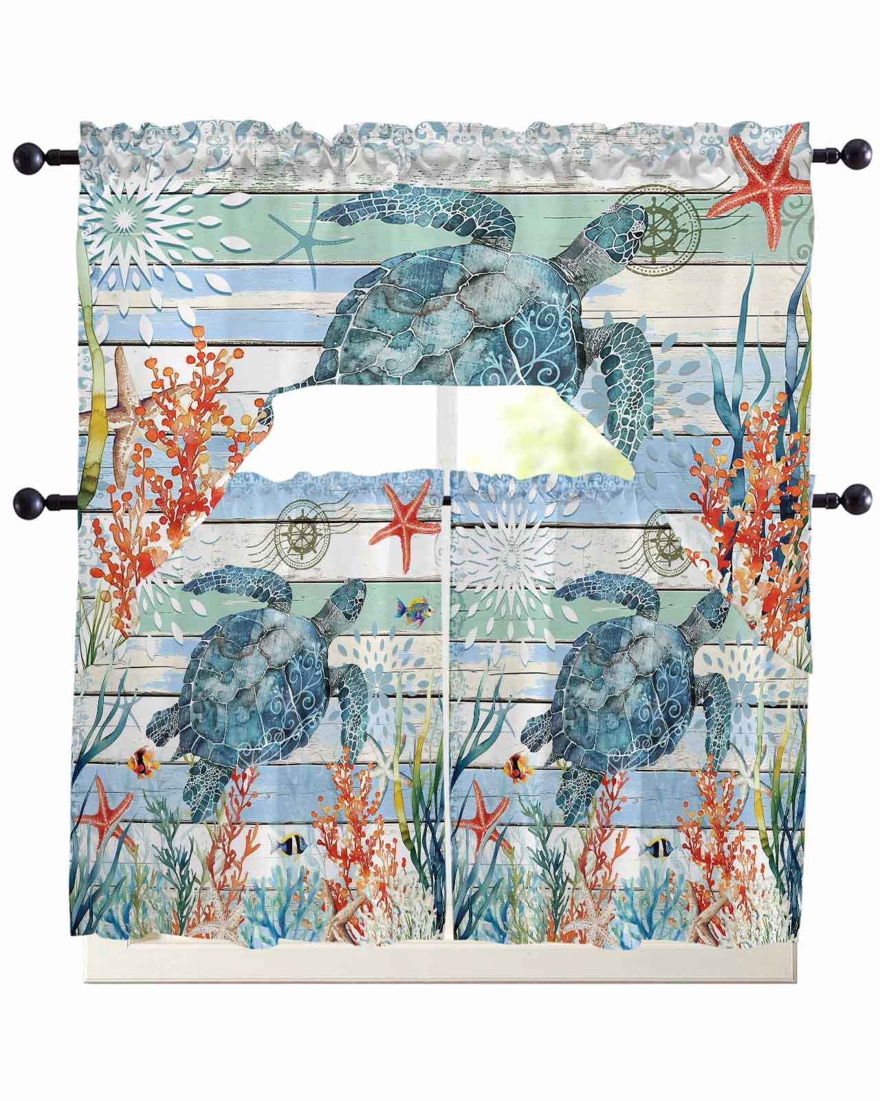 Sea Turtle Ocean Kitchen Curtains Sets 24 Inch Length with Valance ...