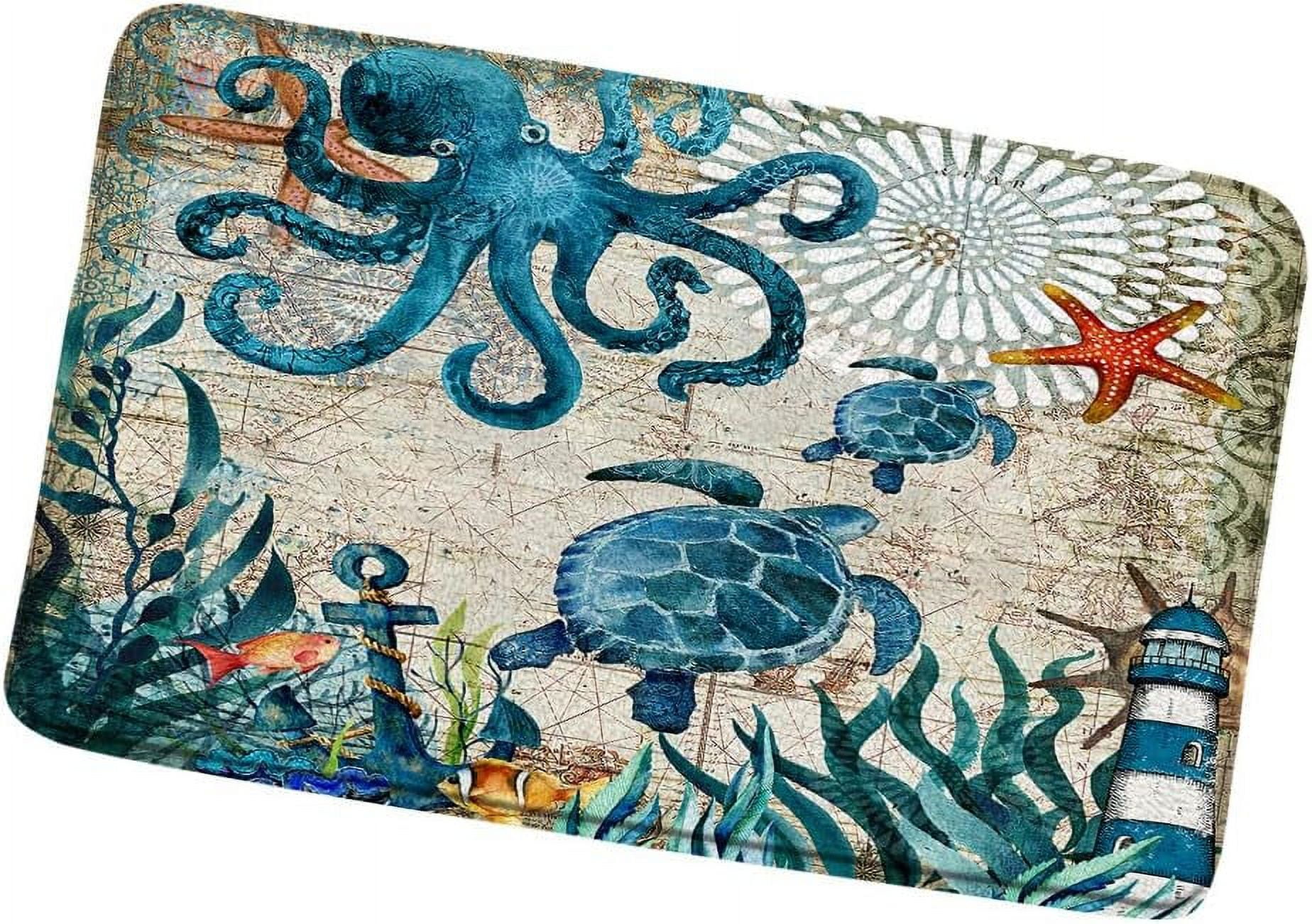 Sea Turtle Octopus Bath Mat Blue Green Marine Animal Vintage Nautical ...