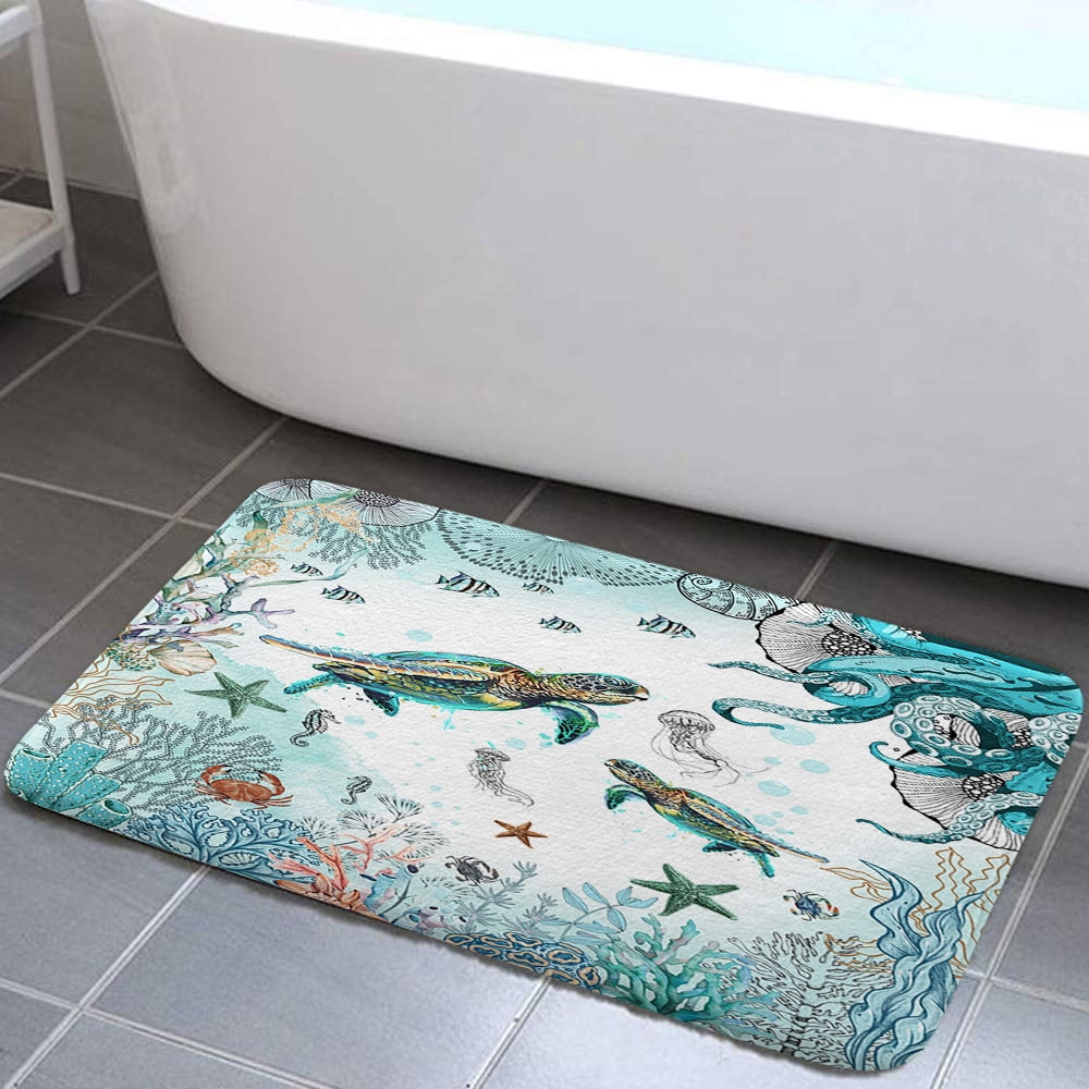 Sea Turtle Octopus Bath Rugs, Blue Teal Ocean Doormat Bath Mat, Fish ...