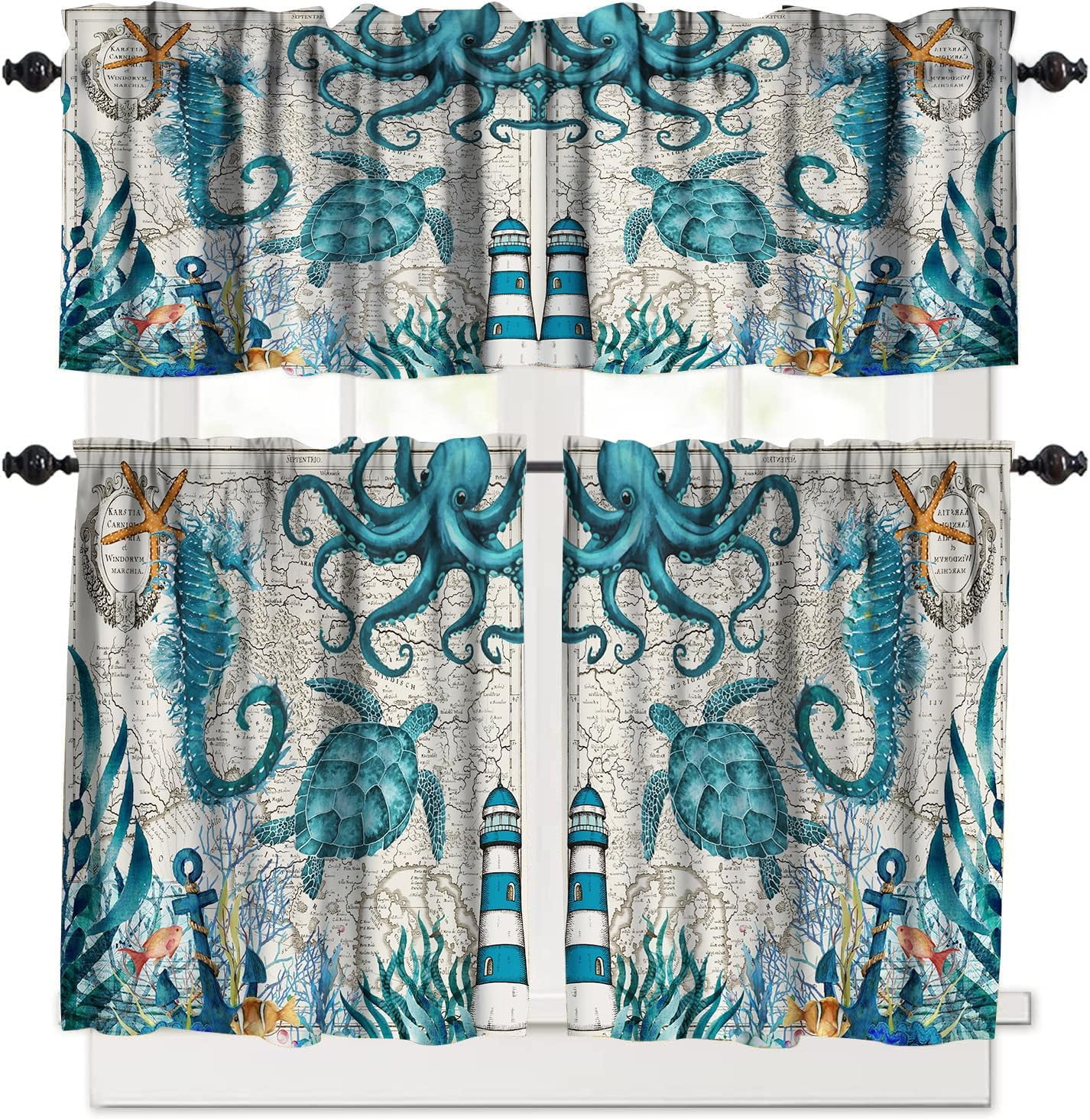 Sea Turtle Octopus Kitchen Curtain Tiers and Valance Curtain Sets Ocean ...