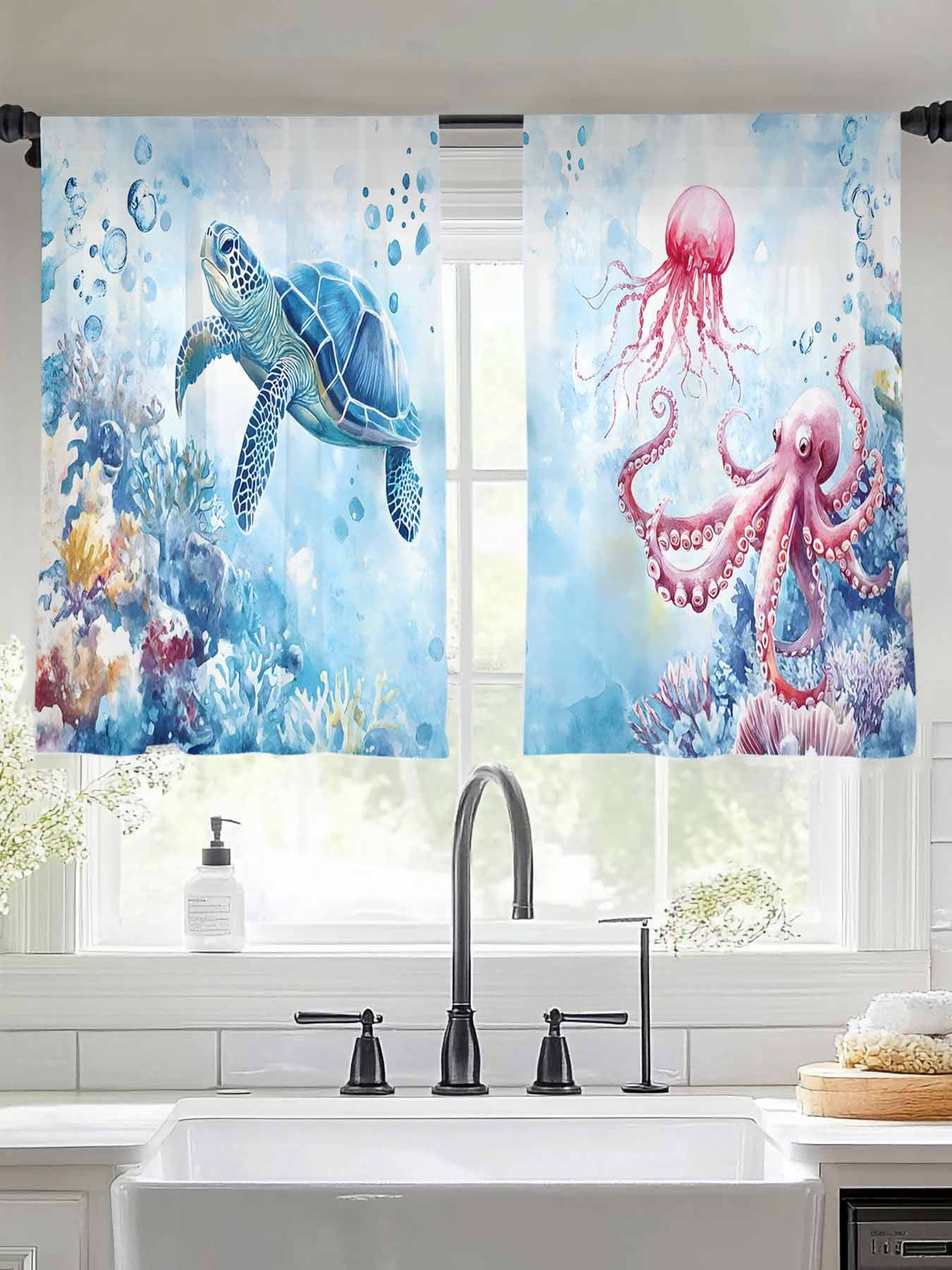 Sea Turtle Octopus Sheer Curtains for Living Room Bedroom Coastal Coral ...