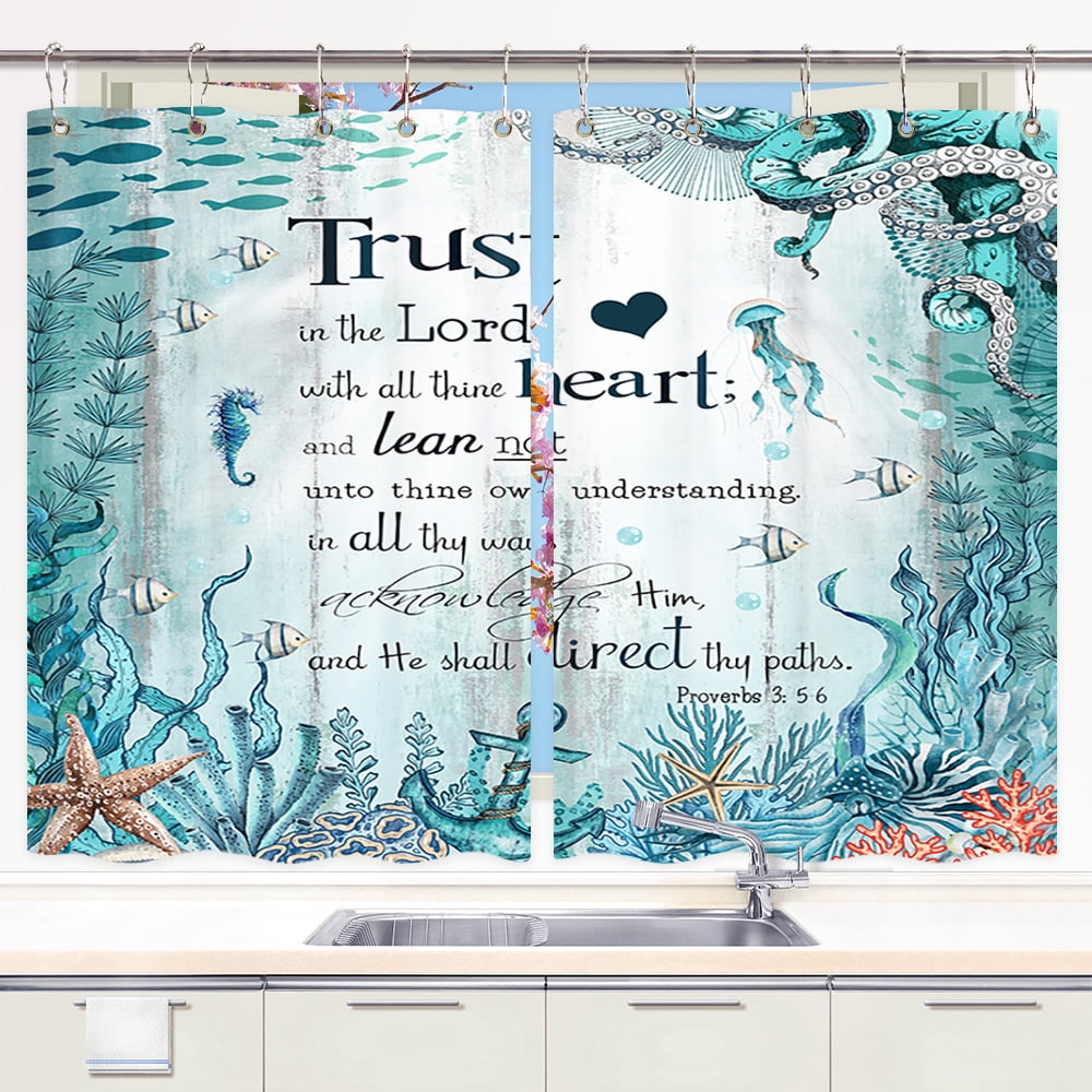 Sea Turtle Octopus Window Curtains, Blue Teal Ocean Fish Underwater ...