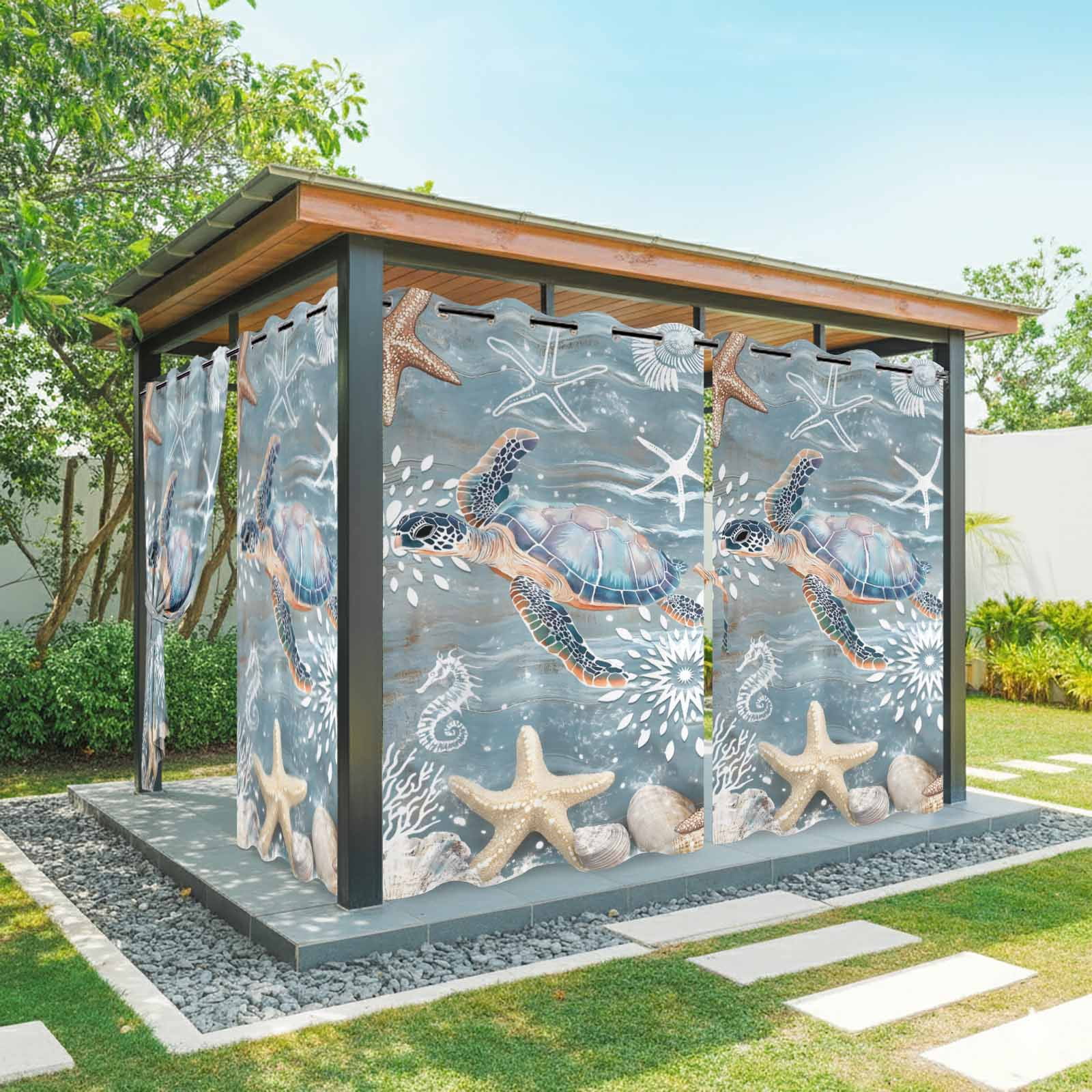 Sea Turtle Outdoor Curtains for Patio Waterproof, Coral Starfish Coral ...