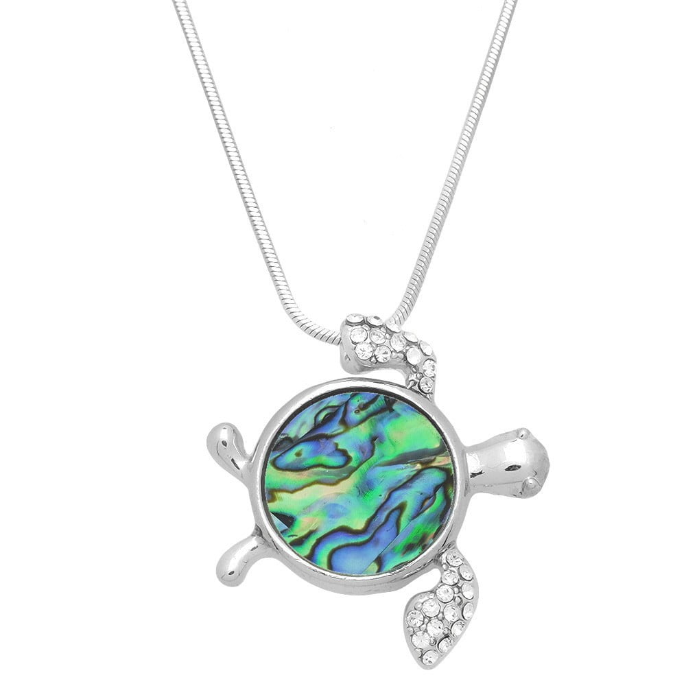 Sea Turtle Pendant Necklace Abalone Shell Rhodium Plated 17 Inch Snake ...