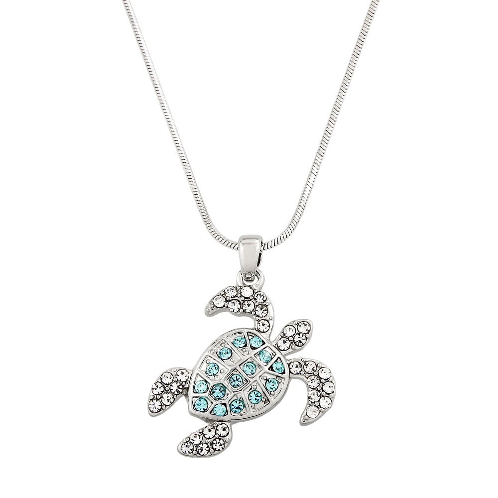 Sea Turtle Pendant Necklace Aqua Color Rhinestone Crystal Rhodium ...