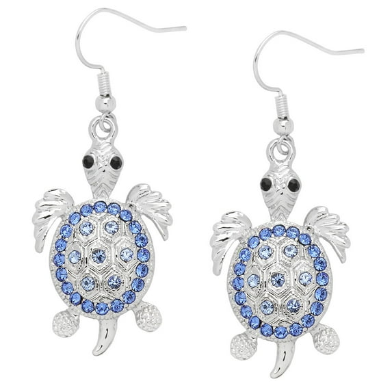 Sea Turtle Pendant Necklace or Earring Blue Rhinestone Crystal Rhodium ...