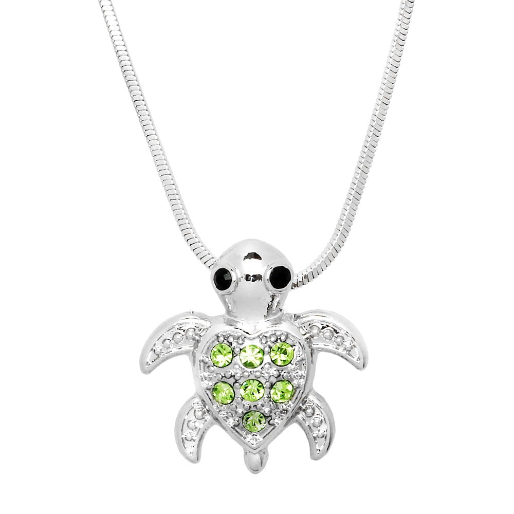 Sea Turtle Pendant Necklace or Earring Green Rhinestone Crystal Rhodium ...