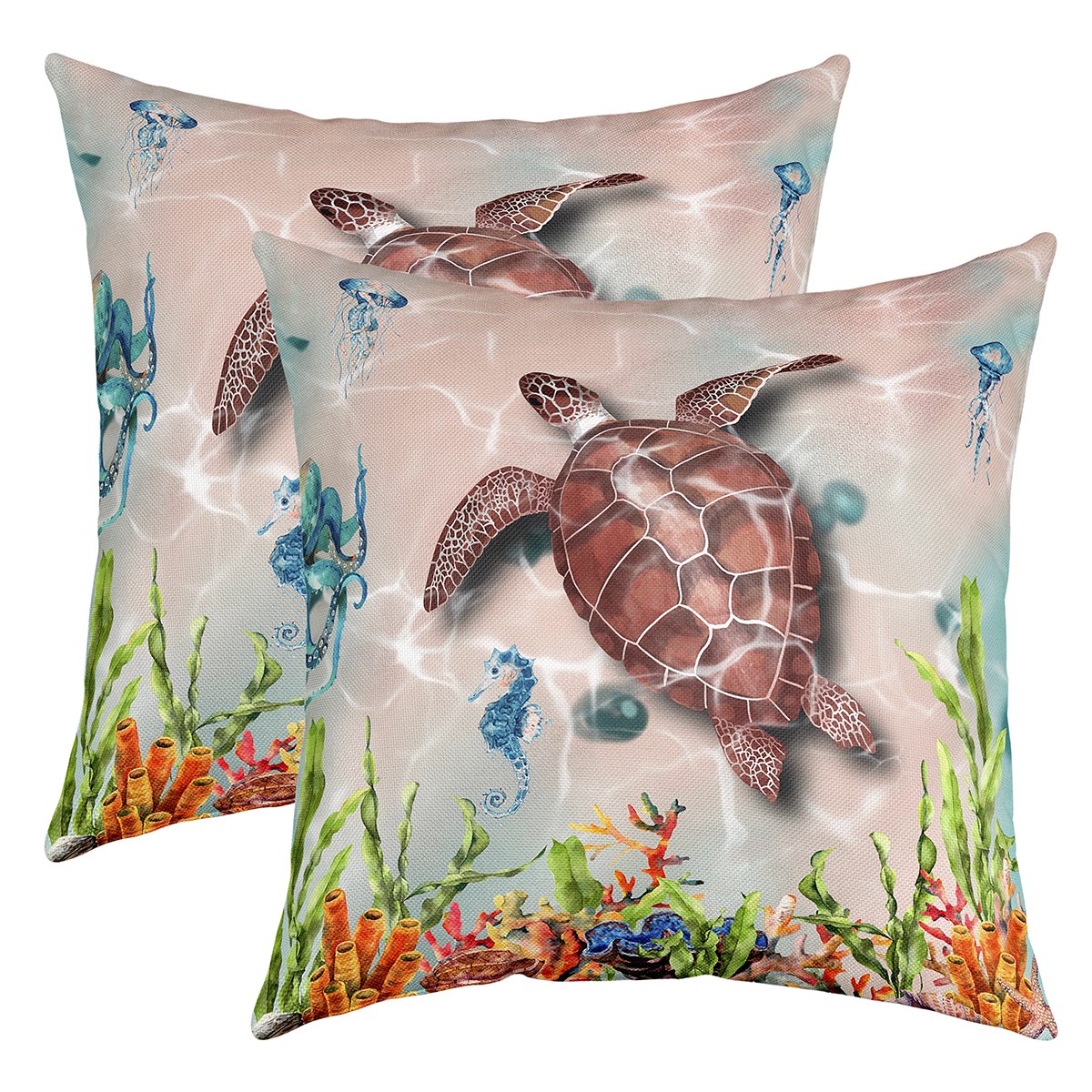 Sea Turtle Pillow Covers 24x24 inch set of 2,Ocean Themed Cushion Cases ...